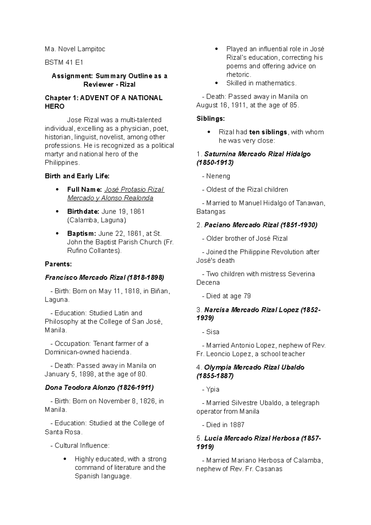 Rizal Reviewer - Ma. Novel Lampitoc BSTM 41 E Assignment: Summary ...
