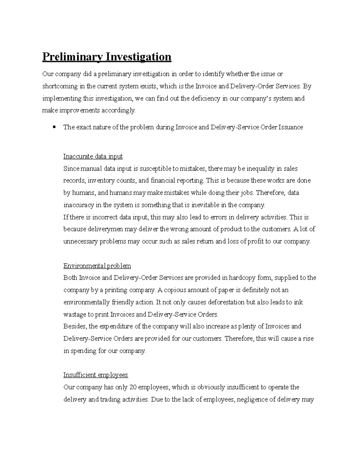 04 Assignment Report - Reference - Preliminary Investigation Our ...