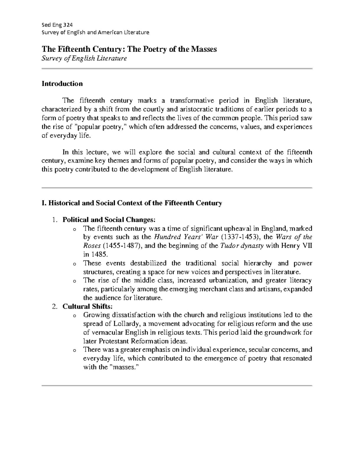 The Fifteenth Century The Poetry of the Masses - Survey of English and American Literature The ...