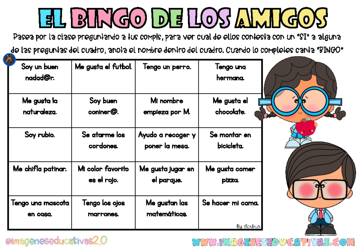 El Bingo DE LOS Amigos - Apoyo Academico - de las preguntas del cuadro ...