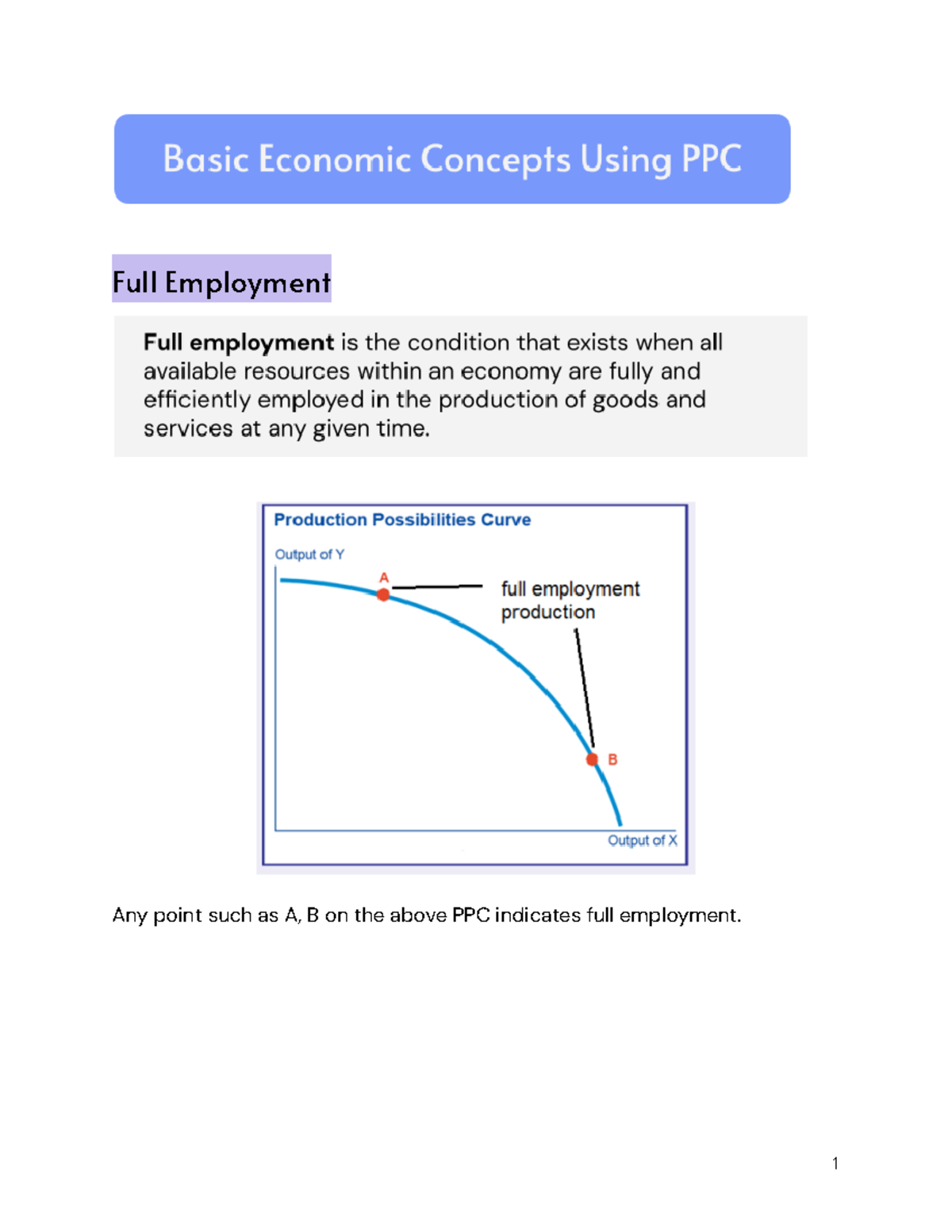 Basic Economic Concepts Using PPC - Full Employment Any point such as A, B on the above PPC ...