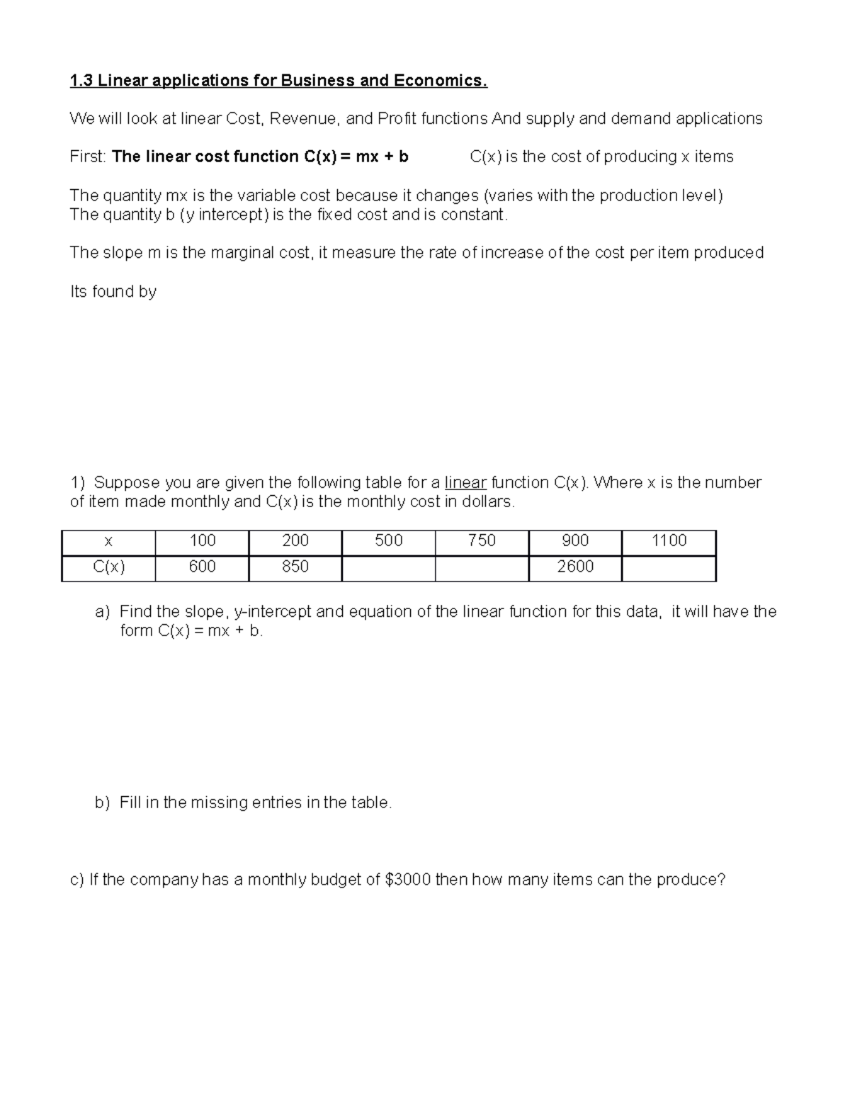 Notes 1.3 student - 1 Linear applications for Business and Economics ...