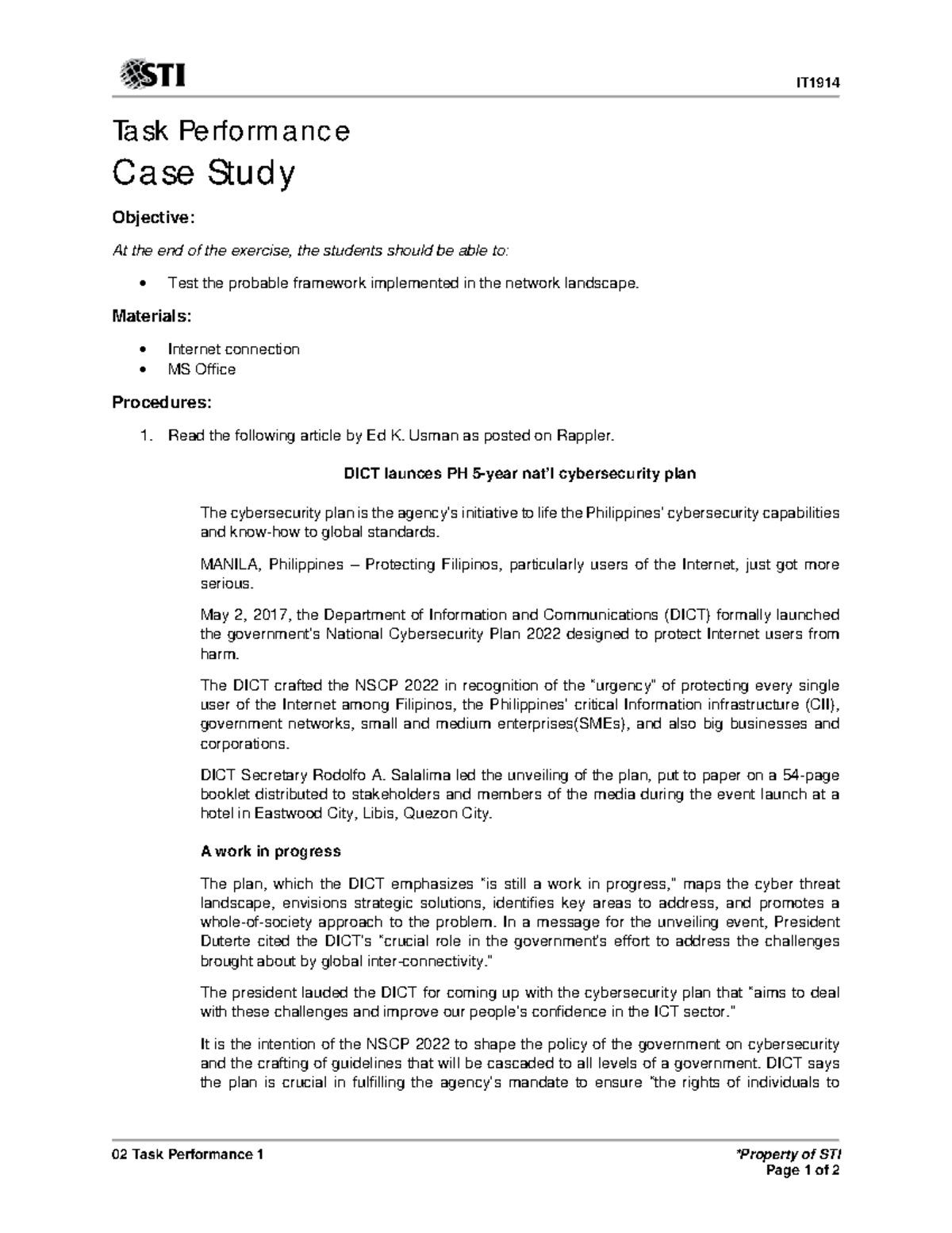 02 Task Performance 14 It 02 Task Performance 1 Property Of Sti Page 1 Of 2 Ta Sk Pe Rfo Rm