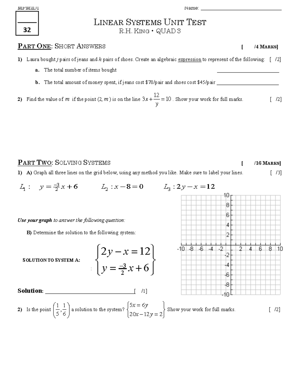 Unit Test QUAD 3V2(Linear Systems) - MPM2D1 Name ...
