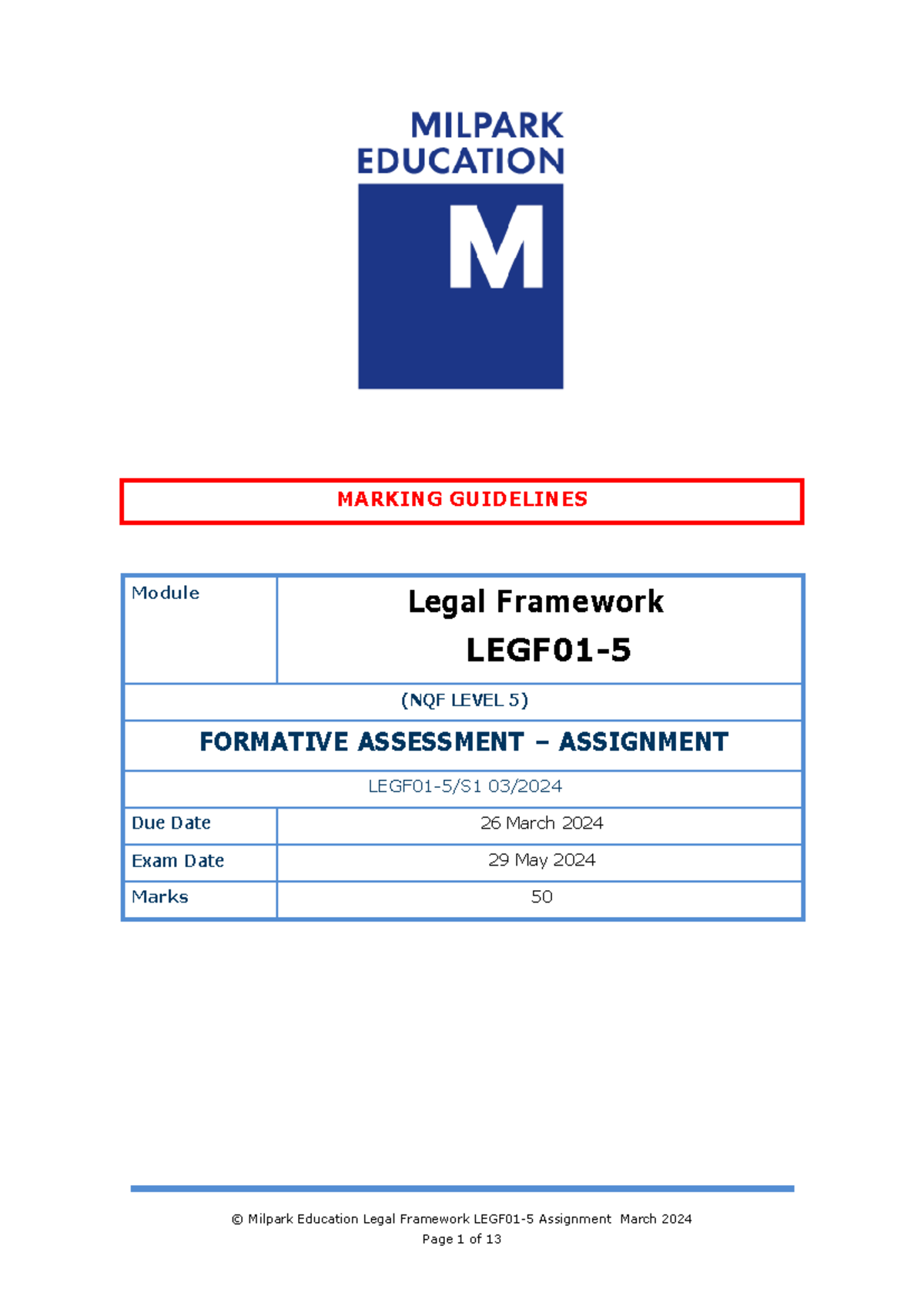 MEMO Assignment LEGF01-5 03 2024 - © Milpark Education Legal Framework ...