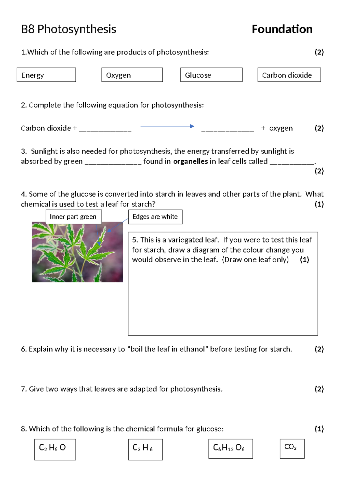 B8 Photosynthesis (F) Questions - B8 Photosynthesis Foundation 1 of the ...