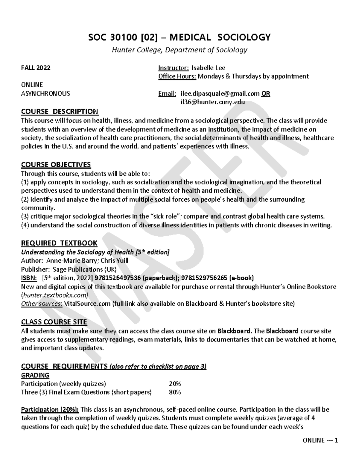 Med Soc 301 Hunter FALL 2022 Online - SOC 30100 [02] – MEDICAL ...