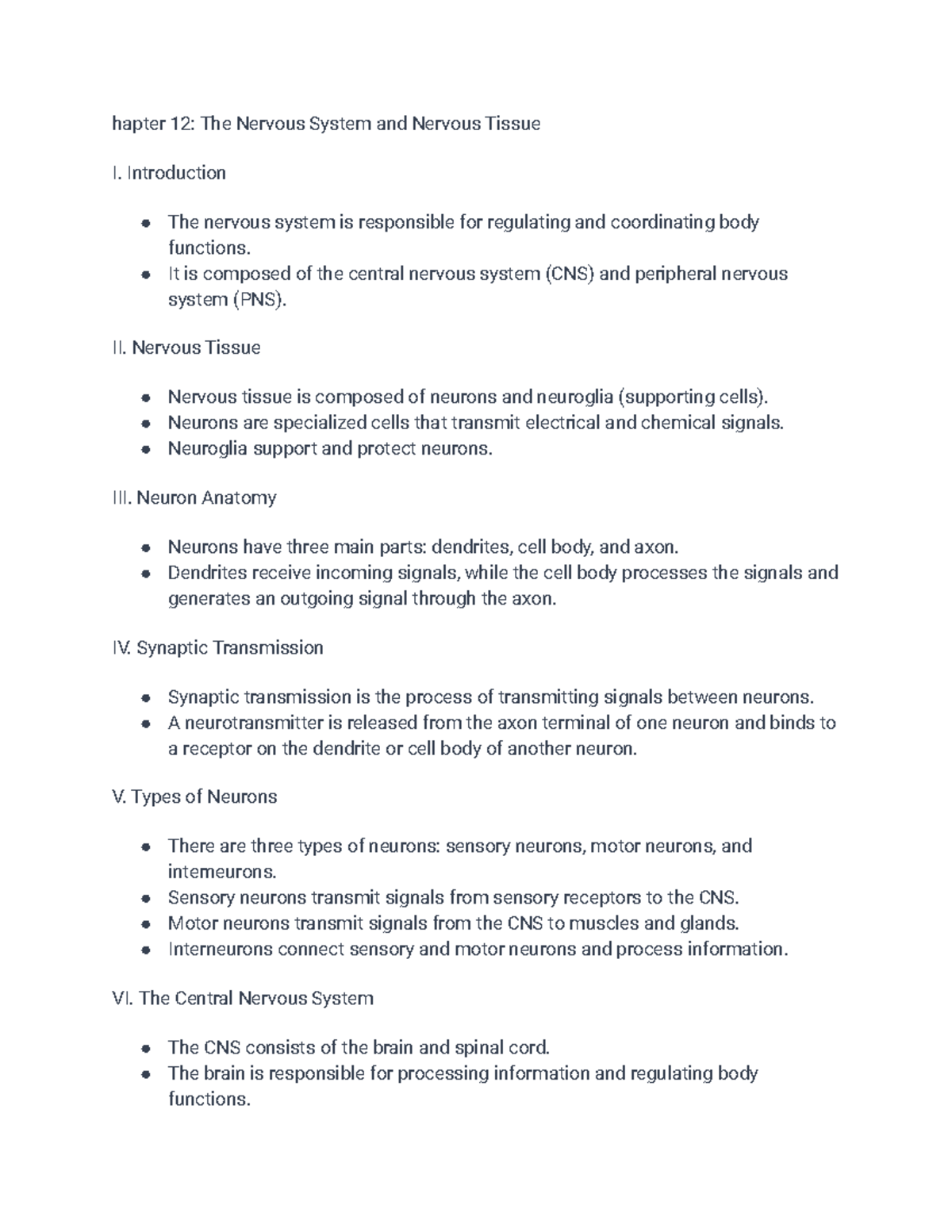 BIO 12 - Chapter 12 notes - hapter 12: The Nervous System and Nervous ...