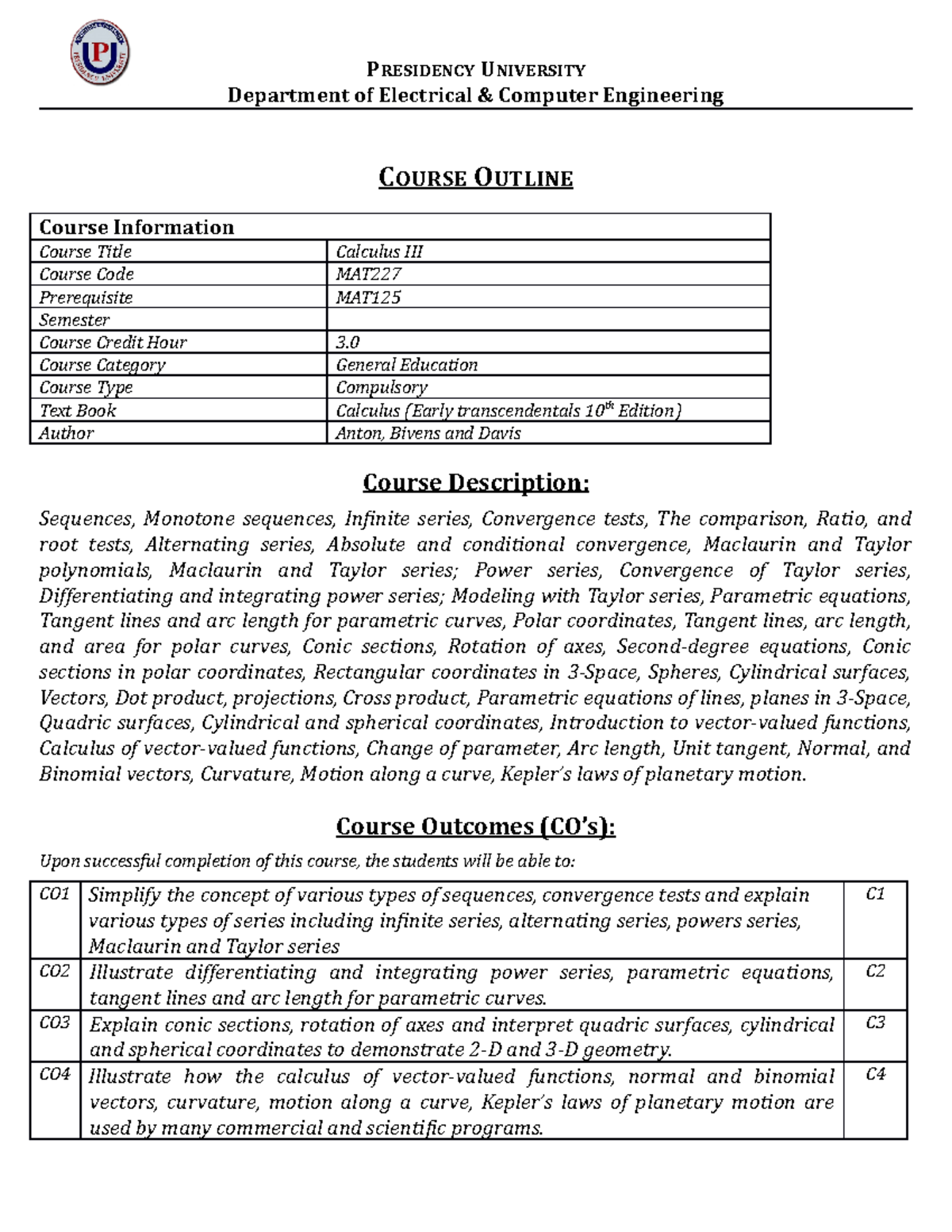 Course Outline Calculus III - Department of Electrical & Computer Engineering COURSE OUTLINE ...