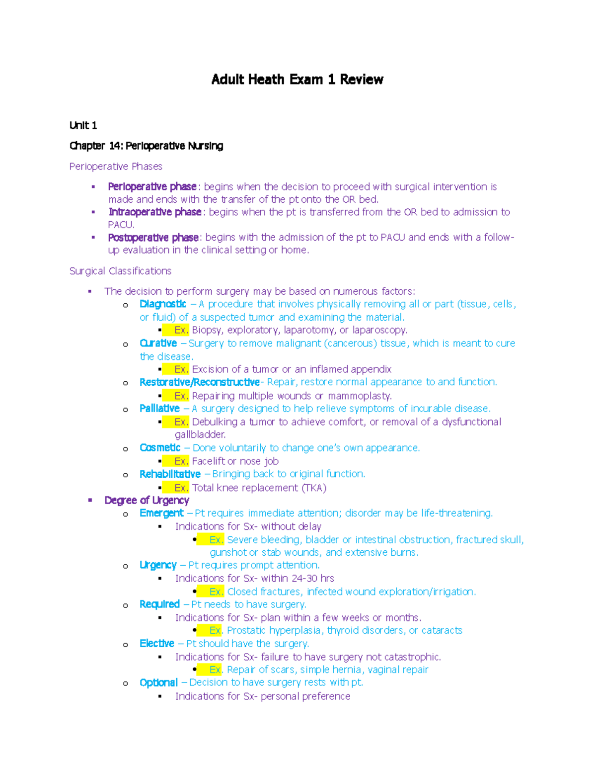 Adult Heath Exam 1 Review - Adult Heath Exam 1 Review Unit 1 Chapter 14 ...