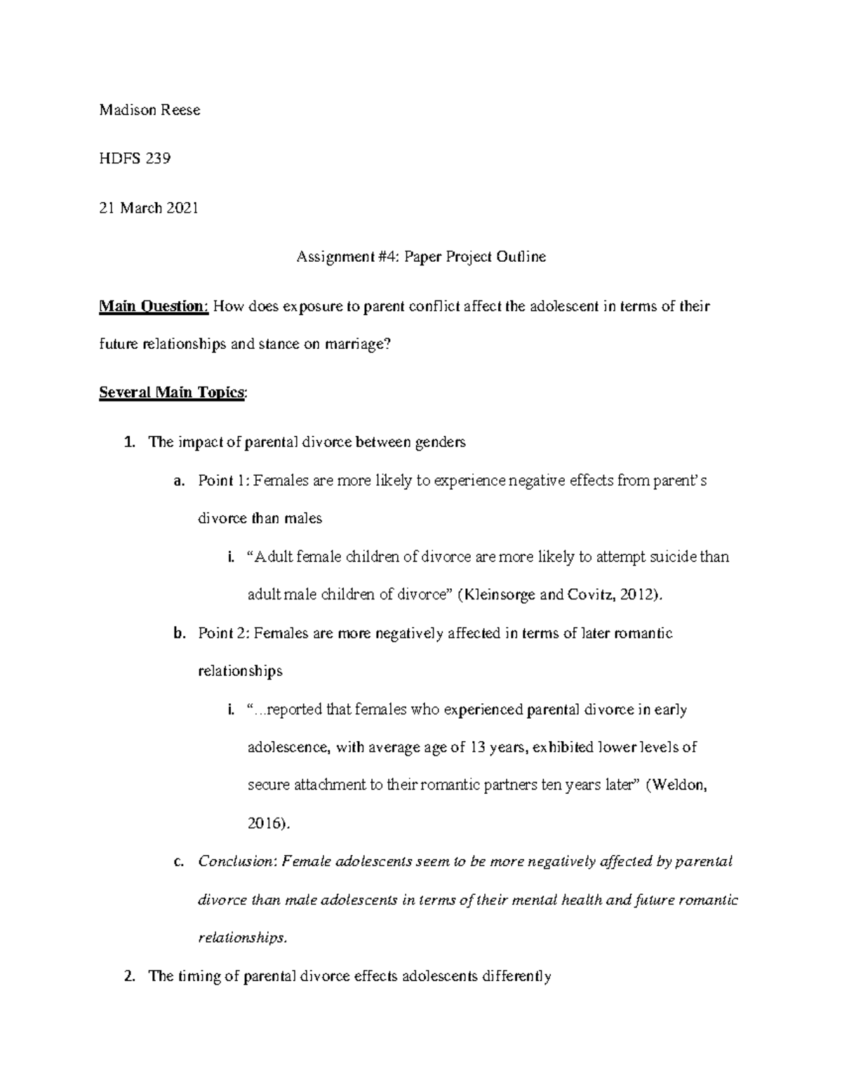 Paper Project Outline - Madison Reese HDFS 239 21 March 2021 Assignment ...