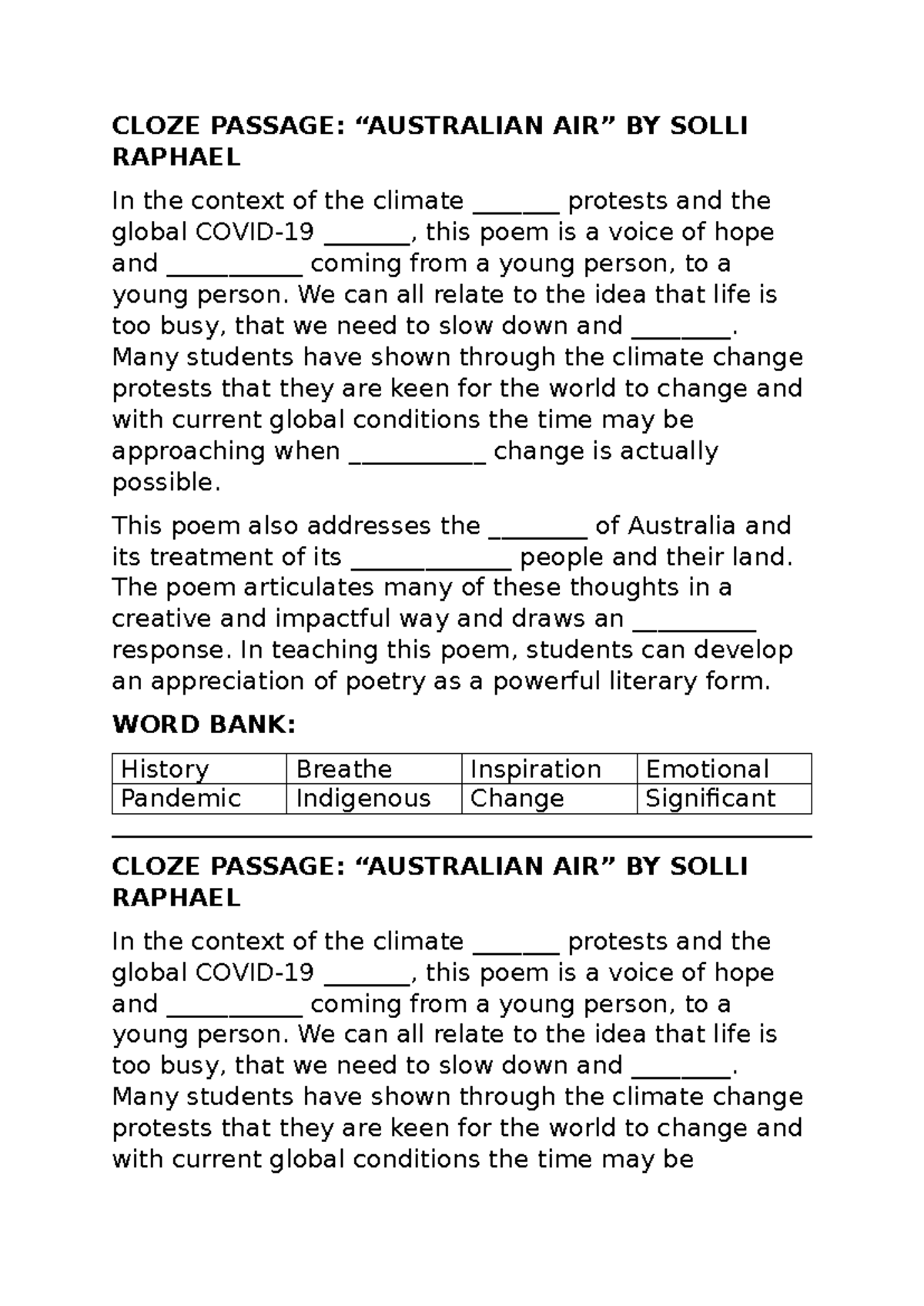 Australian Air Cloze Passage - CLOZE PASSAGE: “AUSTRALIAN AIR” BY SOLLI ...
