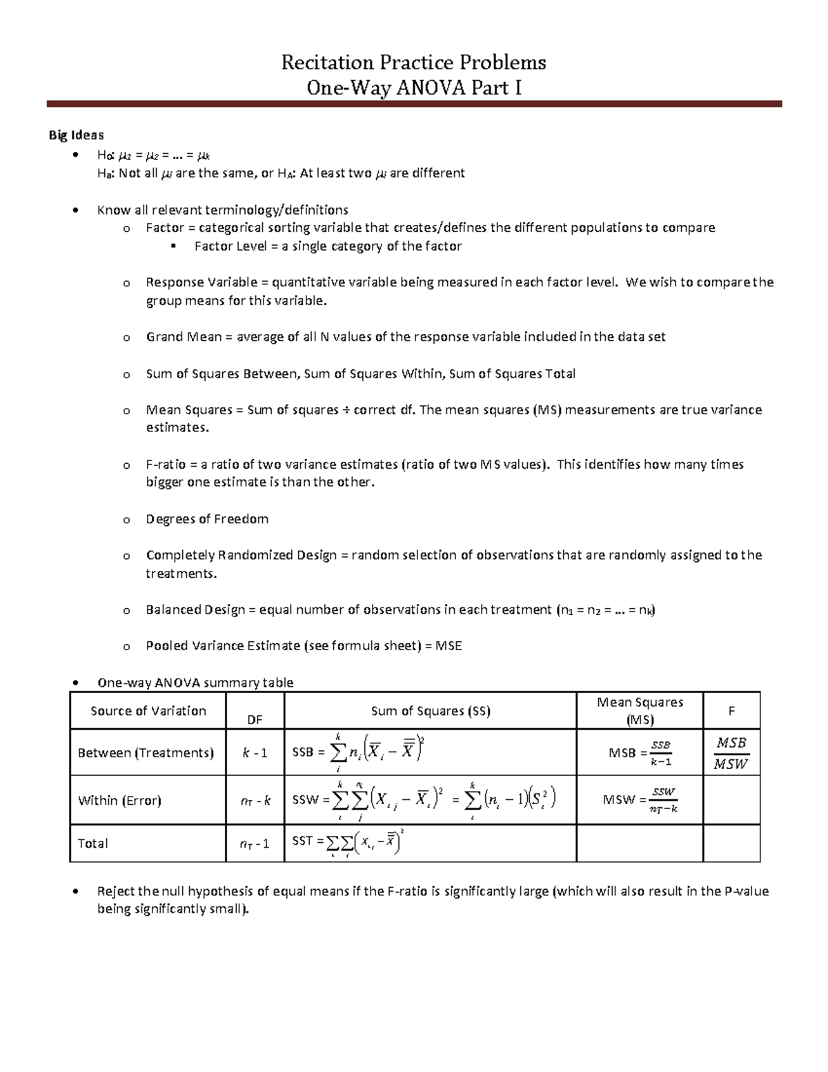 BM2320 Recitation Week7 One Way ANOVA Autumn 2020 - Recitation Practice ...