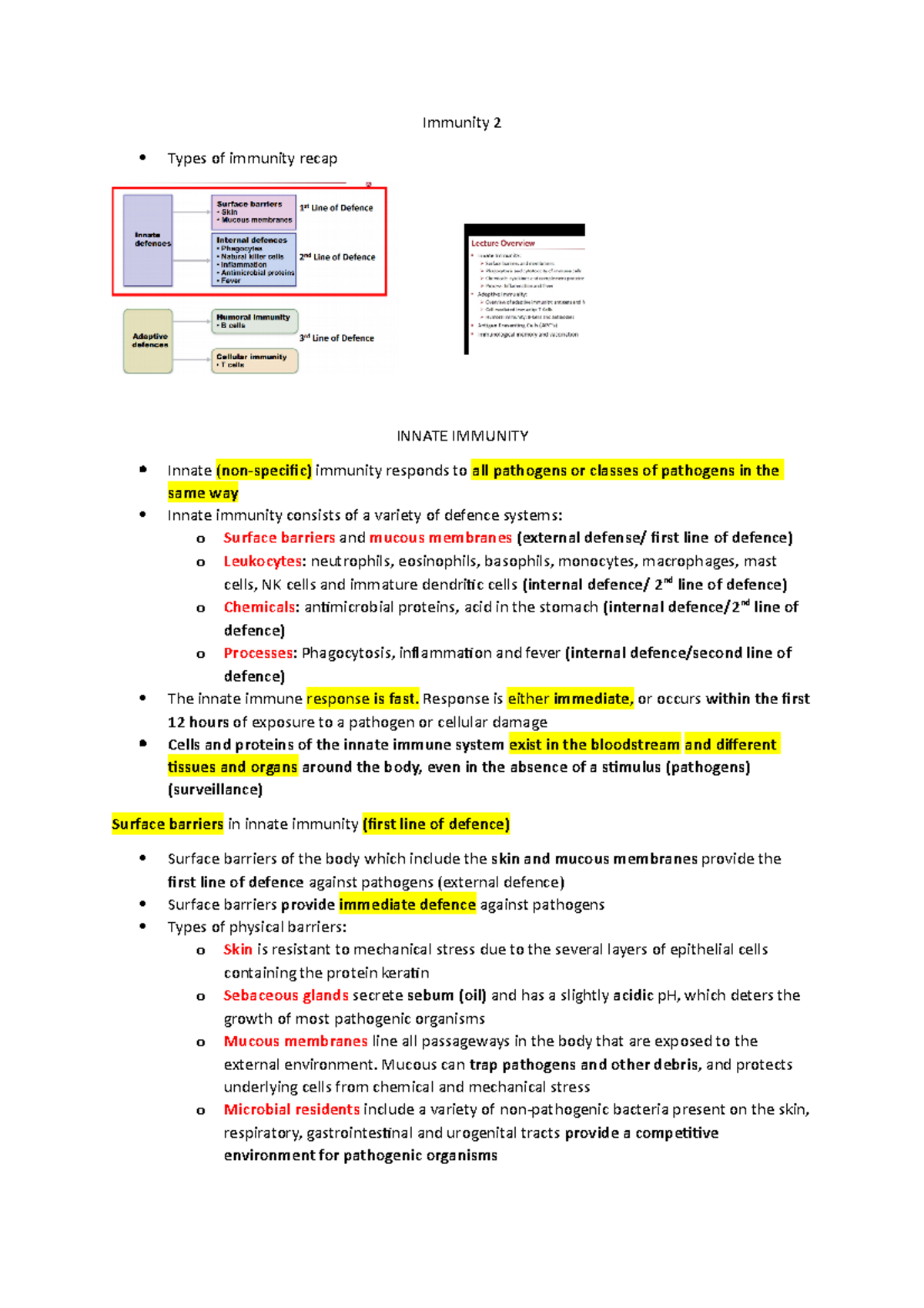 Wk 3 Immunity 2 - lec notes week 3 - Immunity 2 Types of immunity recap ...