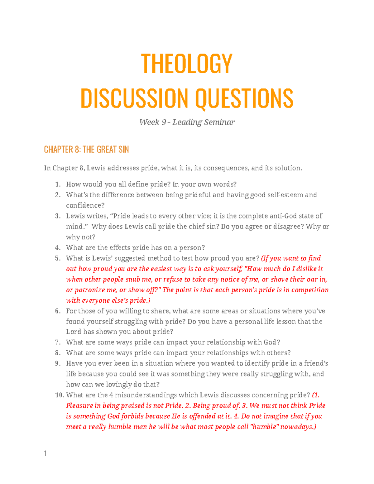 Theology Discussion Questions - THEOLOGY DISCUSSION QUESTIONS Week 9 ...