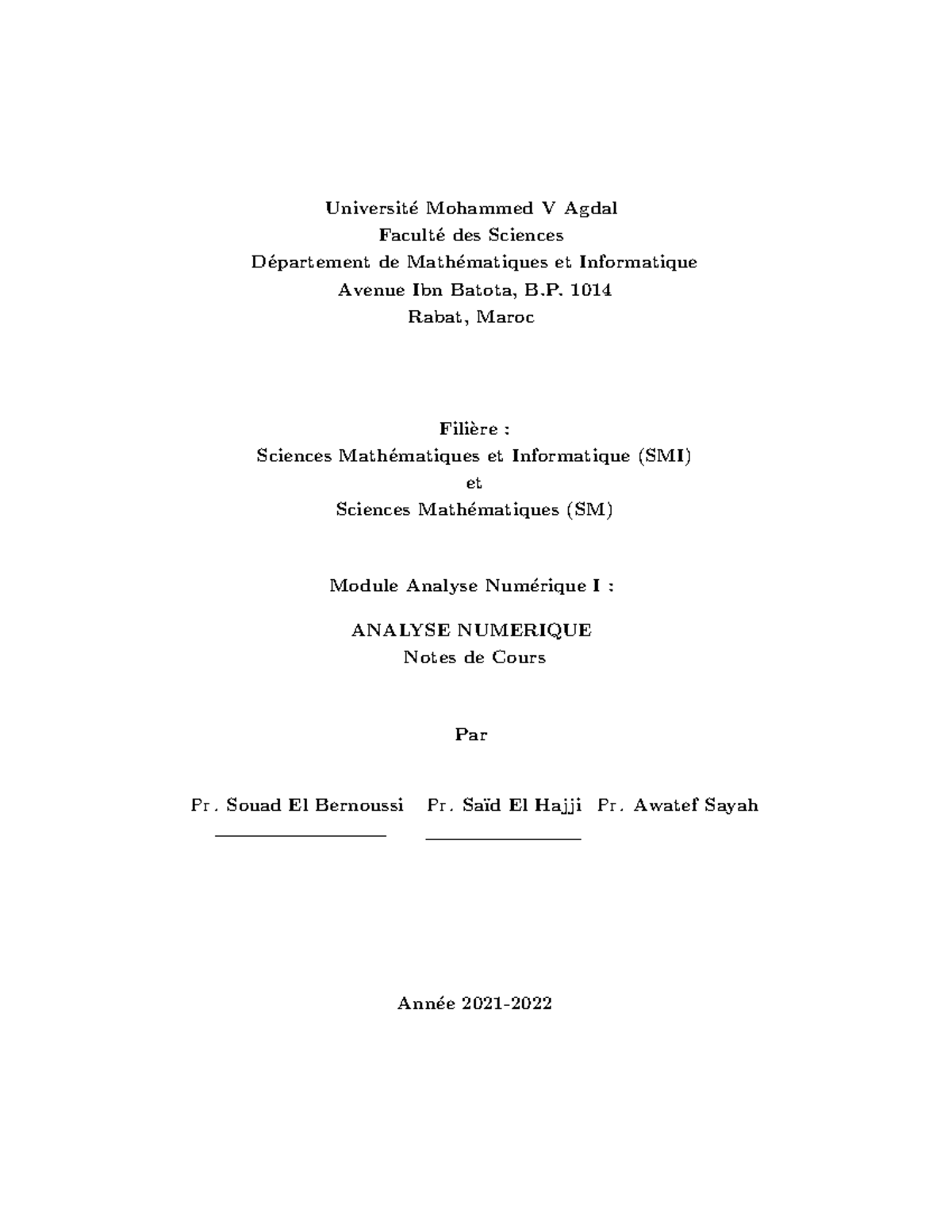 Cours ET TD numerique 2 - Universit ́e Mohammed V Agdal Facult ́e des Sciences D ́epartement de ...