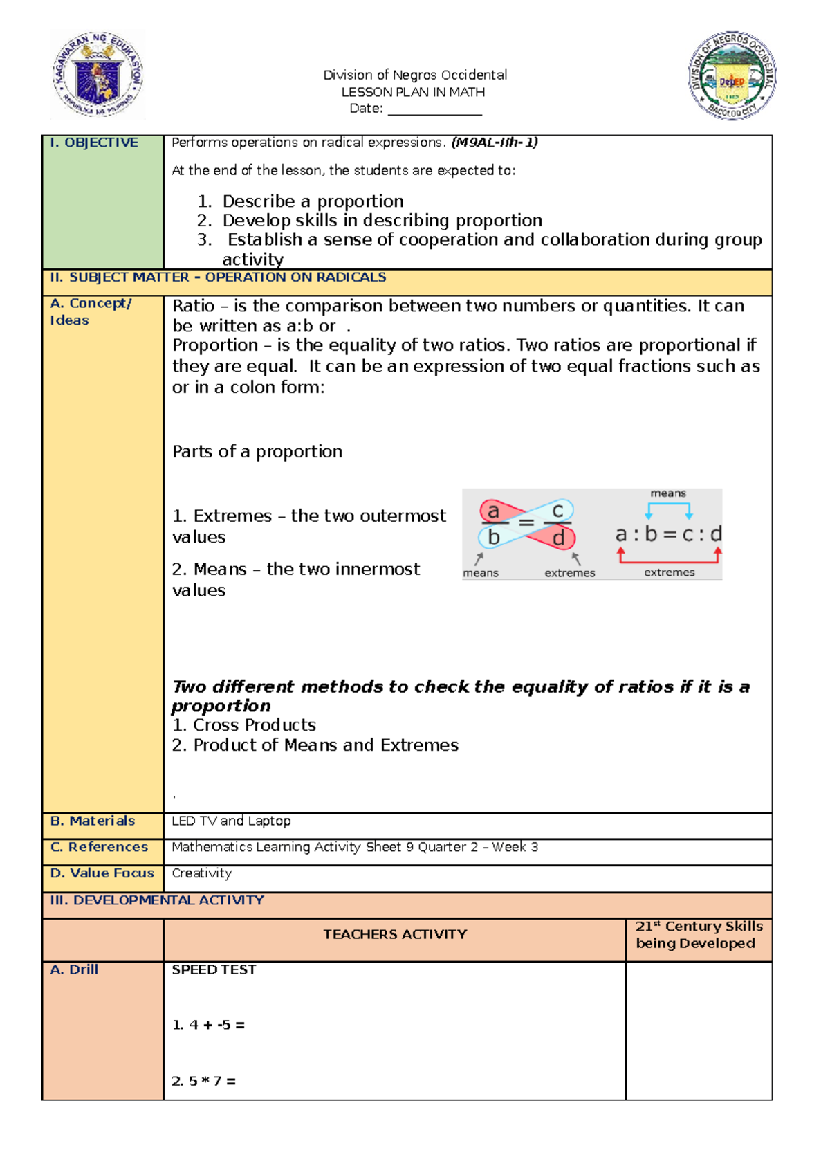 Inset Sample Lesson Plan - Division of Negros Occidental LESSON PLAN IN ...