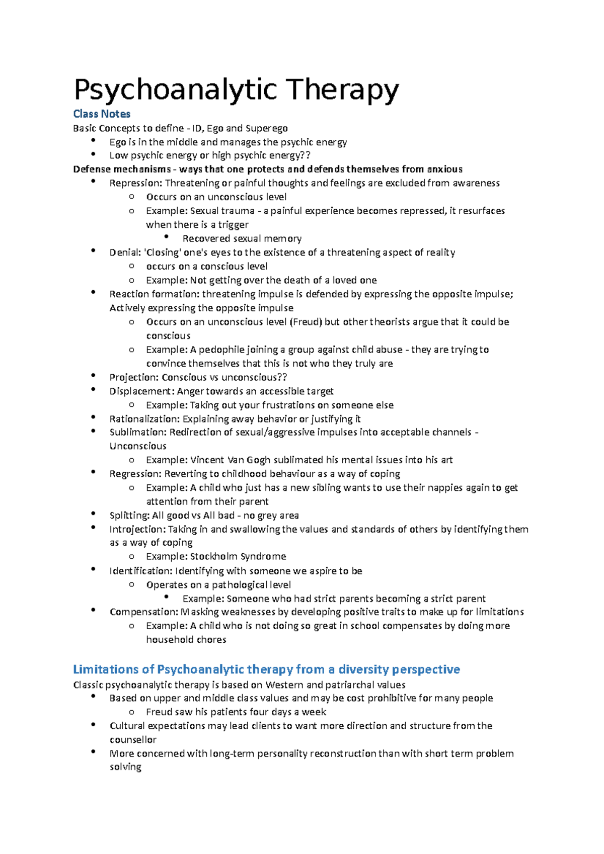 Psychoanalytic Therapy Notes - Psychoanalytic Therapy Class Notes Basic ...