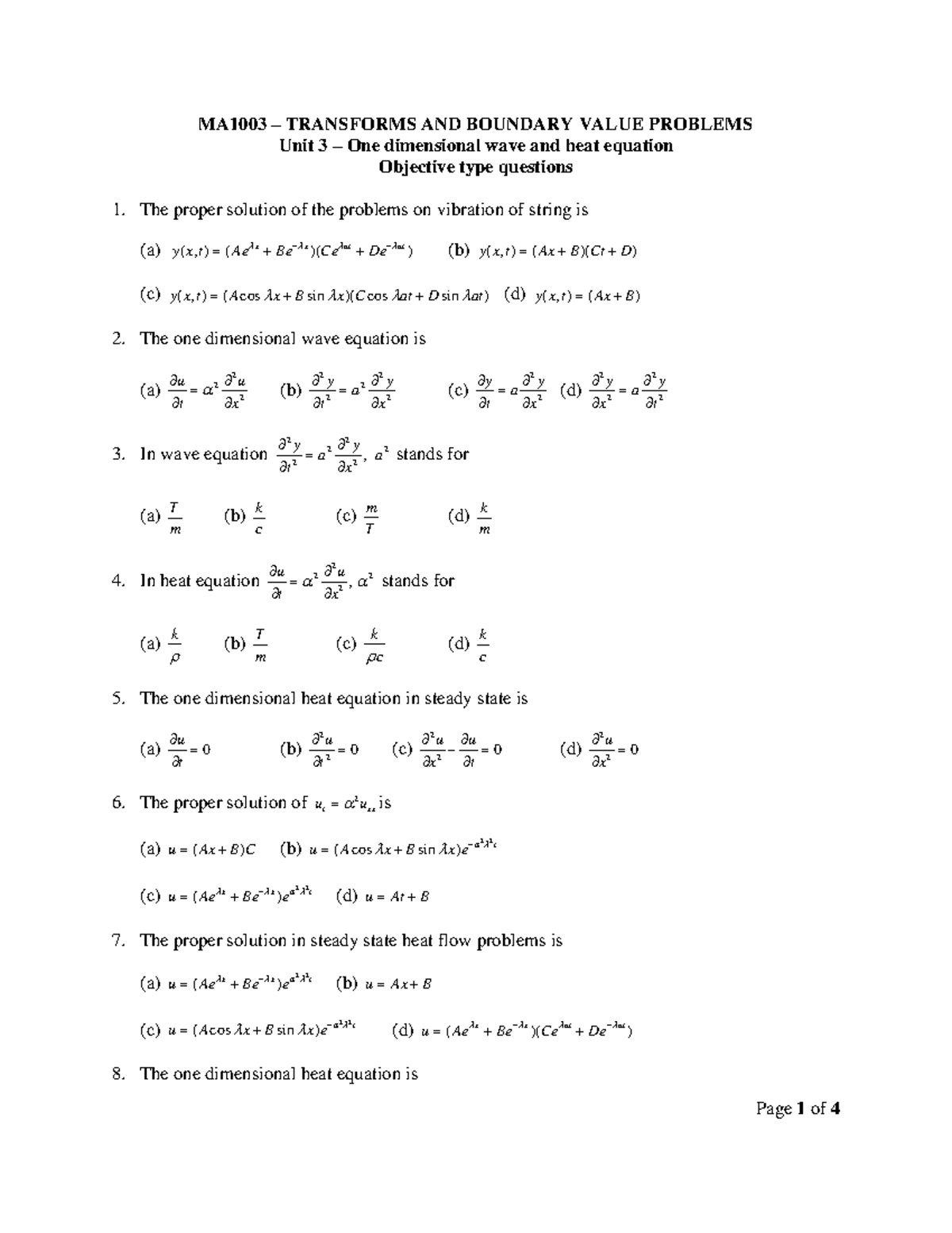 Unit3 - Cla-2 - MA1003 – TRANSFORMS AND BOUNDARY VALUE PROBLEMS Unit 3 ...