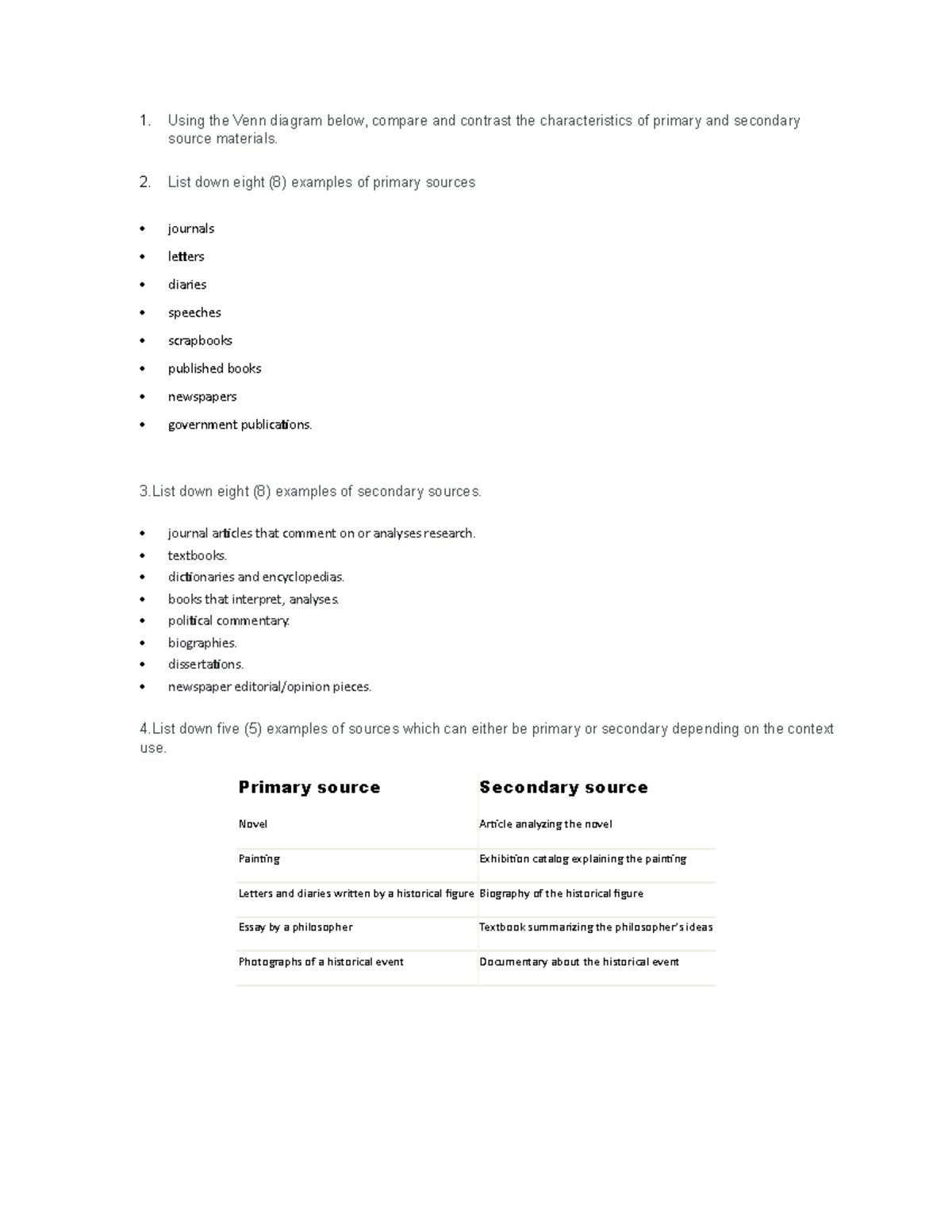Using the Venn diagram below - List down eight (8) examples of primary ...