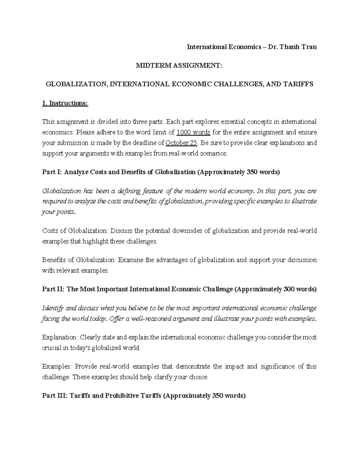Midterm-Assignment - assignments - International Economics – Dr. Thanh Tran MIDTERM ASSIGNMENT ...