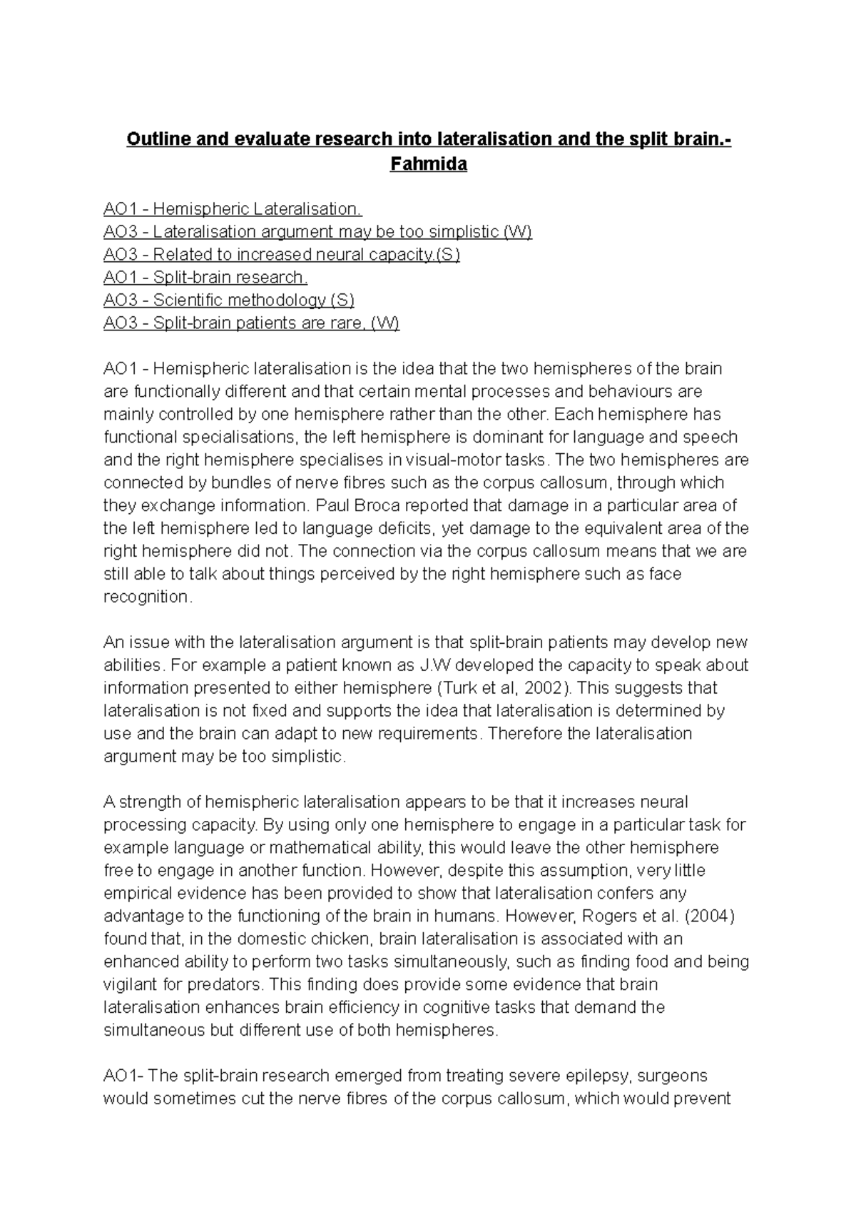 Research into Lateralisation and the Split Brain Essay - Outline and ...