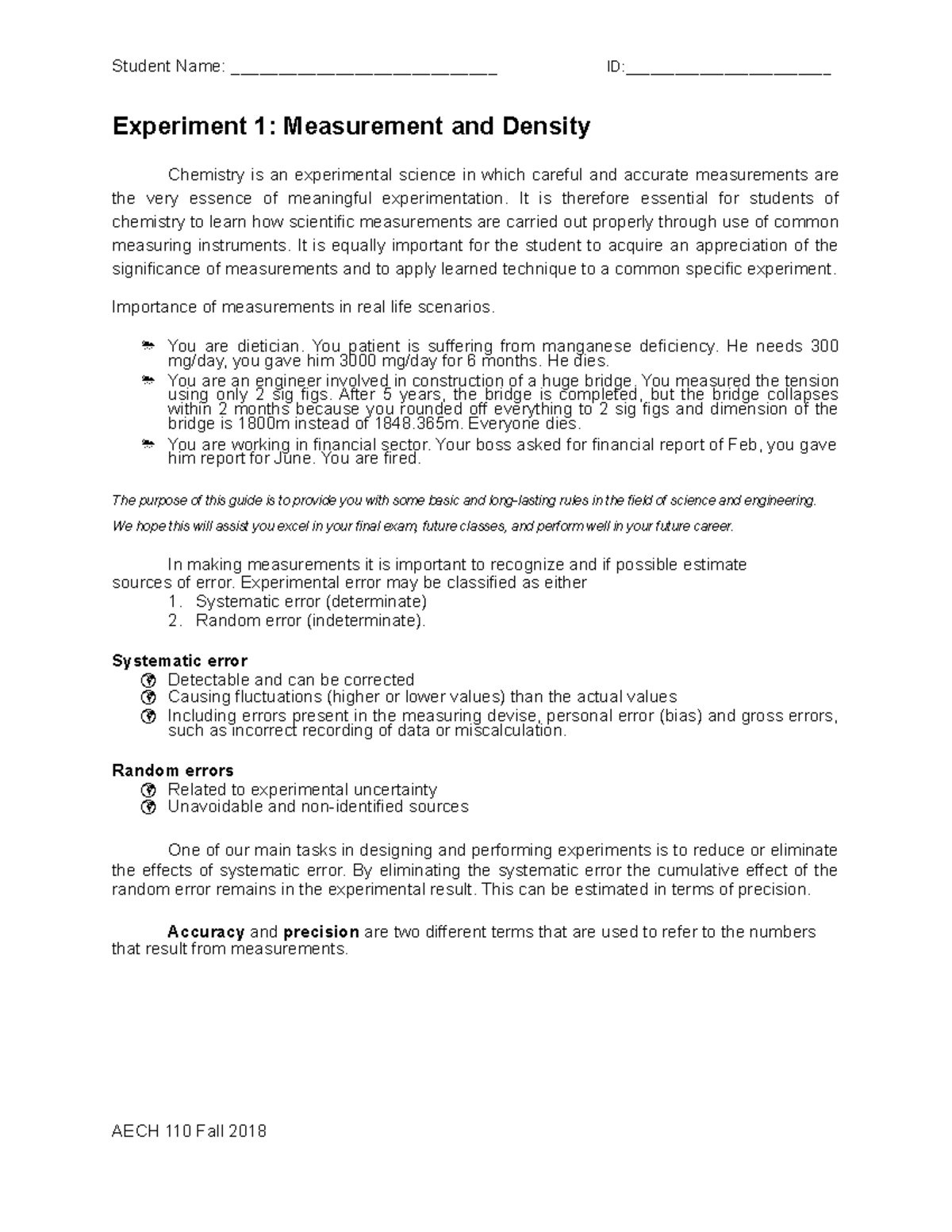 Lab1 Manual - lab - Experiment 1: Measurement and Density Chemistry is ...