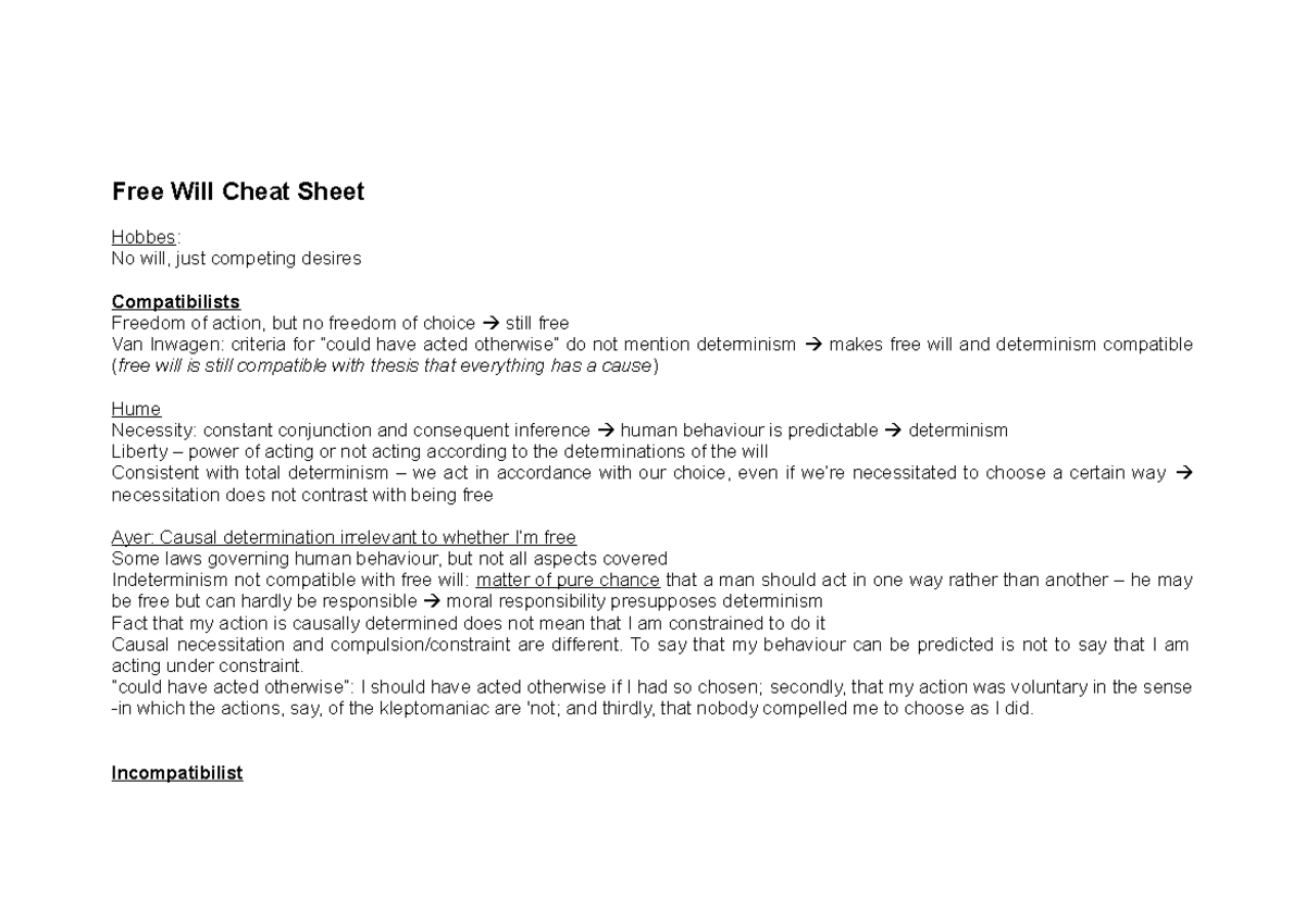 Free Will Cheat Sheet (Notes) - Free Will Cheat Sheet Hobbes: No will ...