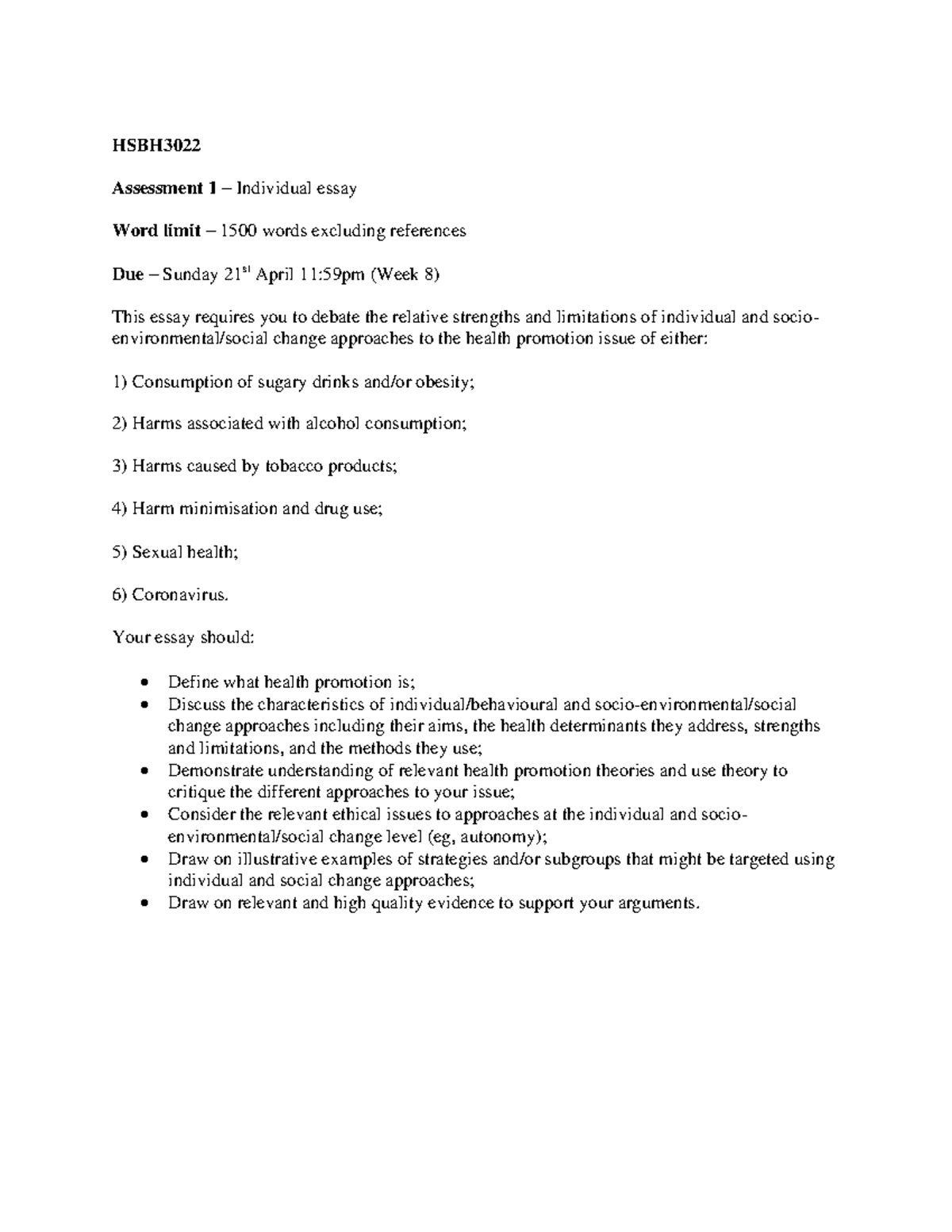 Assessment 1 Guide 2024 - HSBH Assessment 1 – Individual essay Word ...