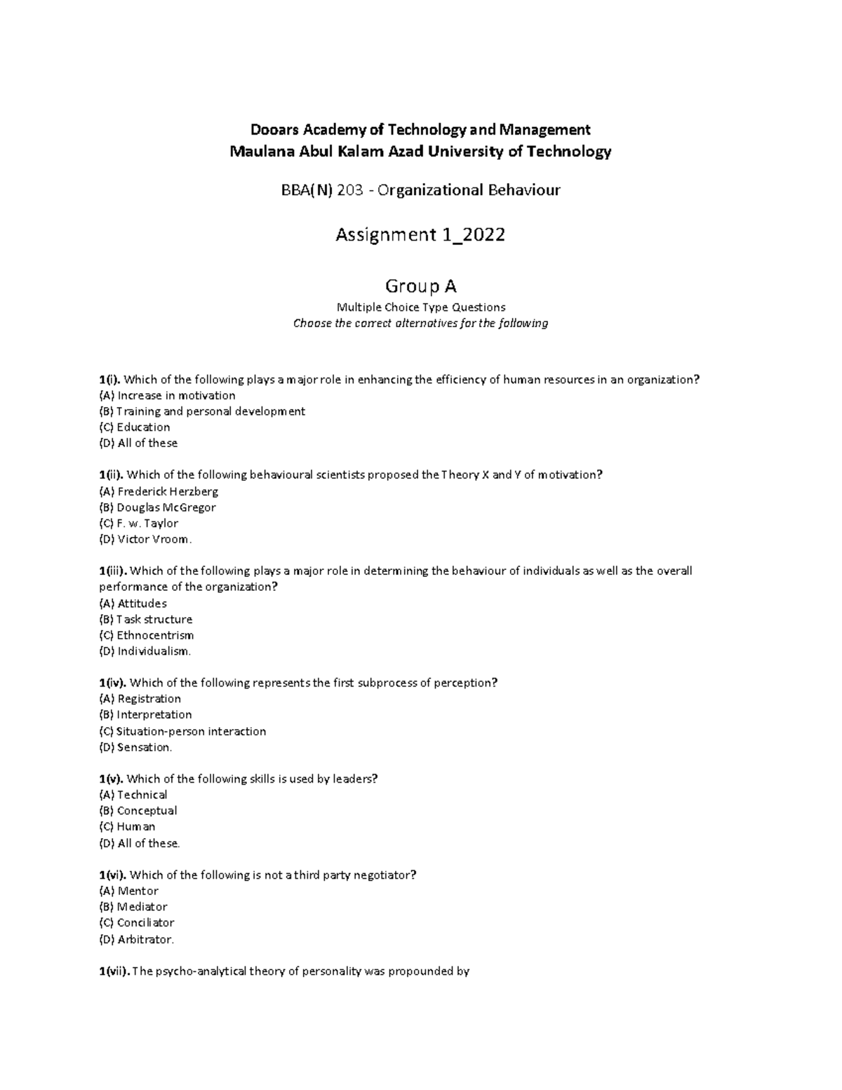 Assignment 1 Sem2 Organizational Behaviour 2022 - Dooars Academy of ...