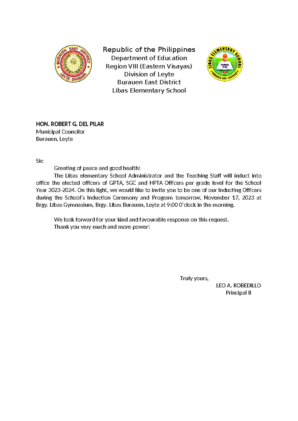 Invitation letter for inducting officer - Republic of the Philippines ...