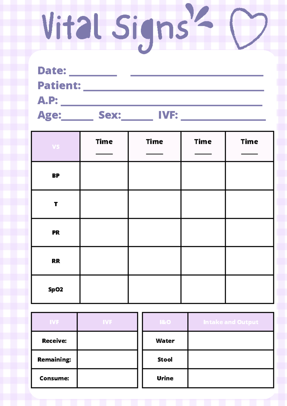 VS Sheet - For duty - Nursing - VS Time _____ Time _____ Time ...