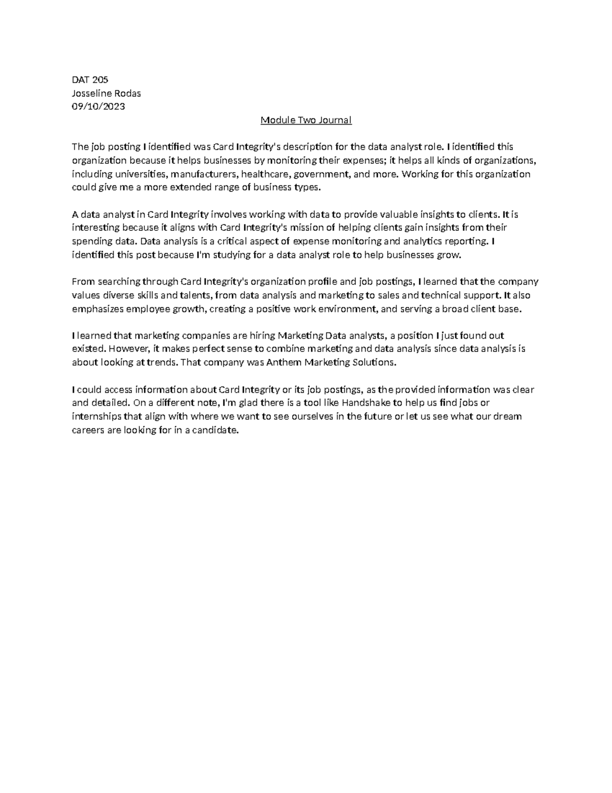 DAT 205 Journal Module 2 Rodas - DAT 205 Josseline Rodas 09/10/ Module ...