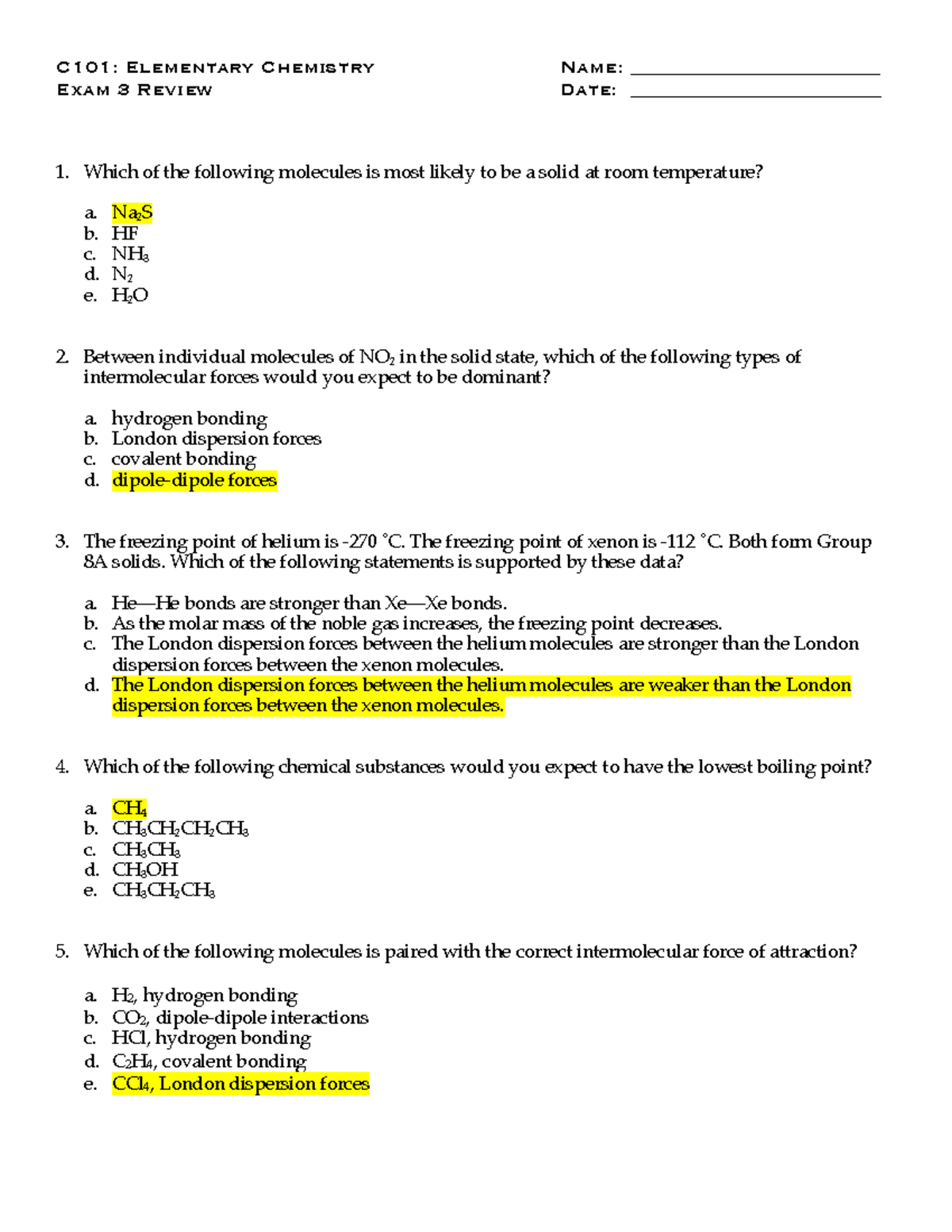 Practice Problems Answer Key-2 - C101: Elementary Chemistry Name