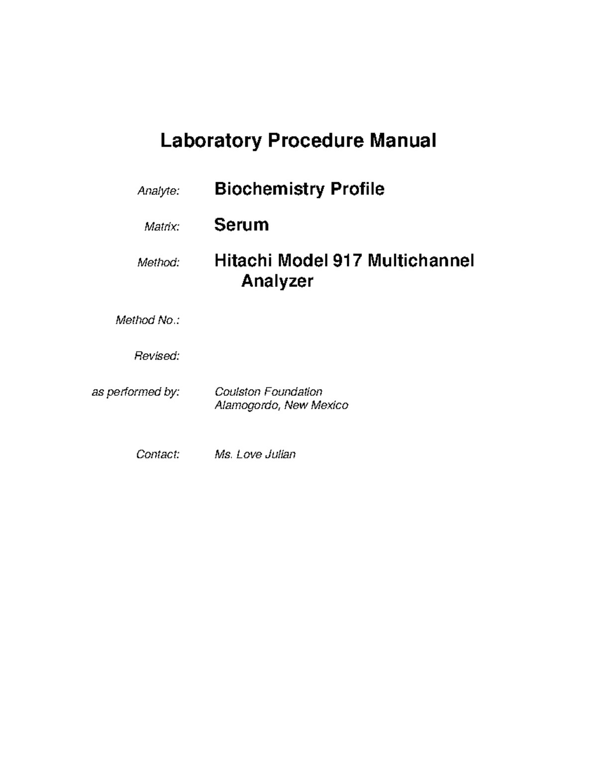 Lab18 met biochemistry profile 3 - Laboratory Procedure Manual Analyte ...