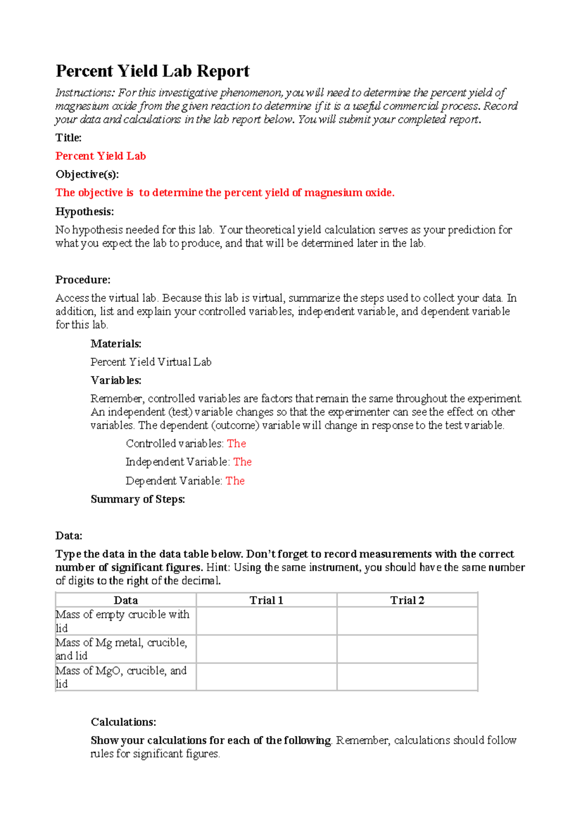 05 06 lab report - seven star chemistry lab - Percent Yield Lab Report ...