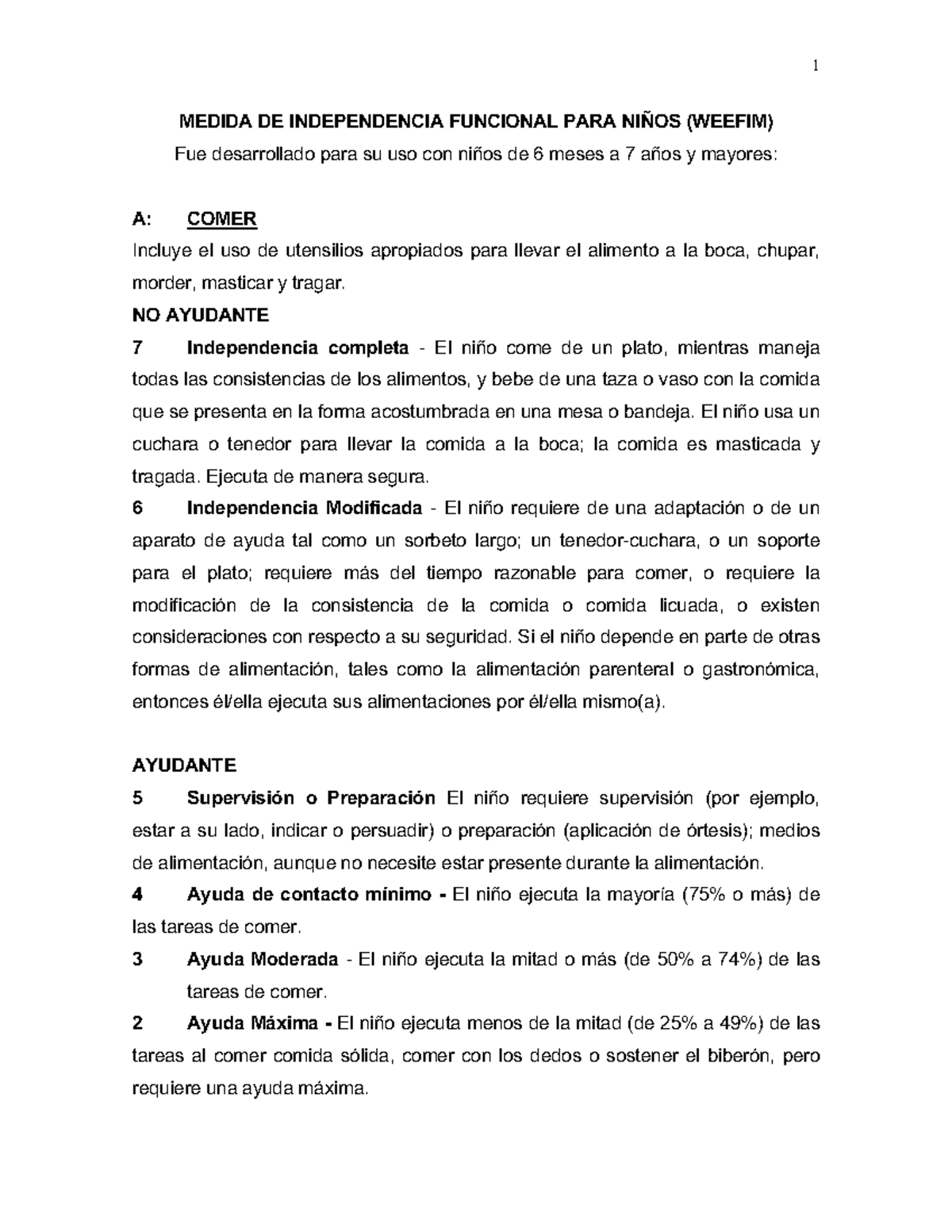 Weefim - MEDIDA DE INDEPENDENCIA FUNCIONAL PARA NIÑOS (WEEFIM) Fue ...