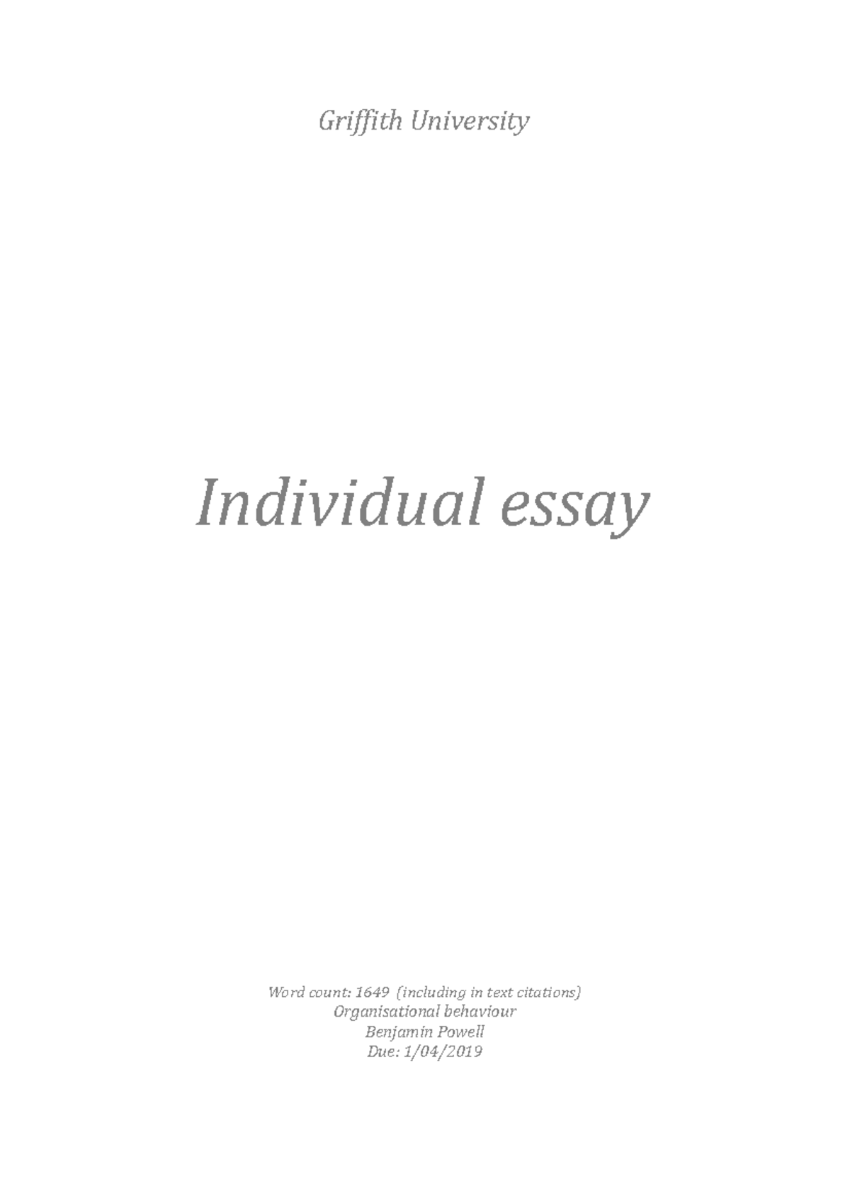 Individual essay - First assignment for Organisational behaviour ...