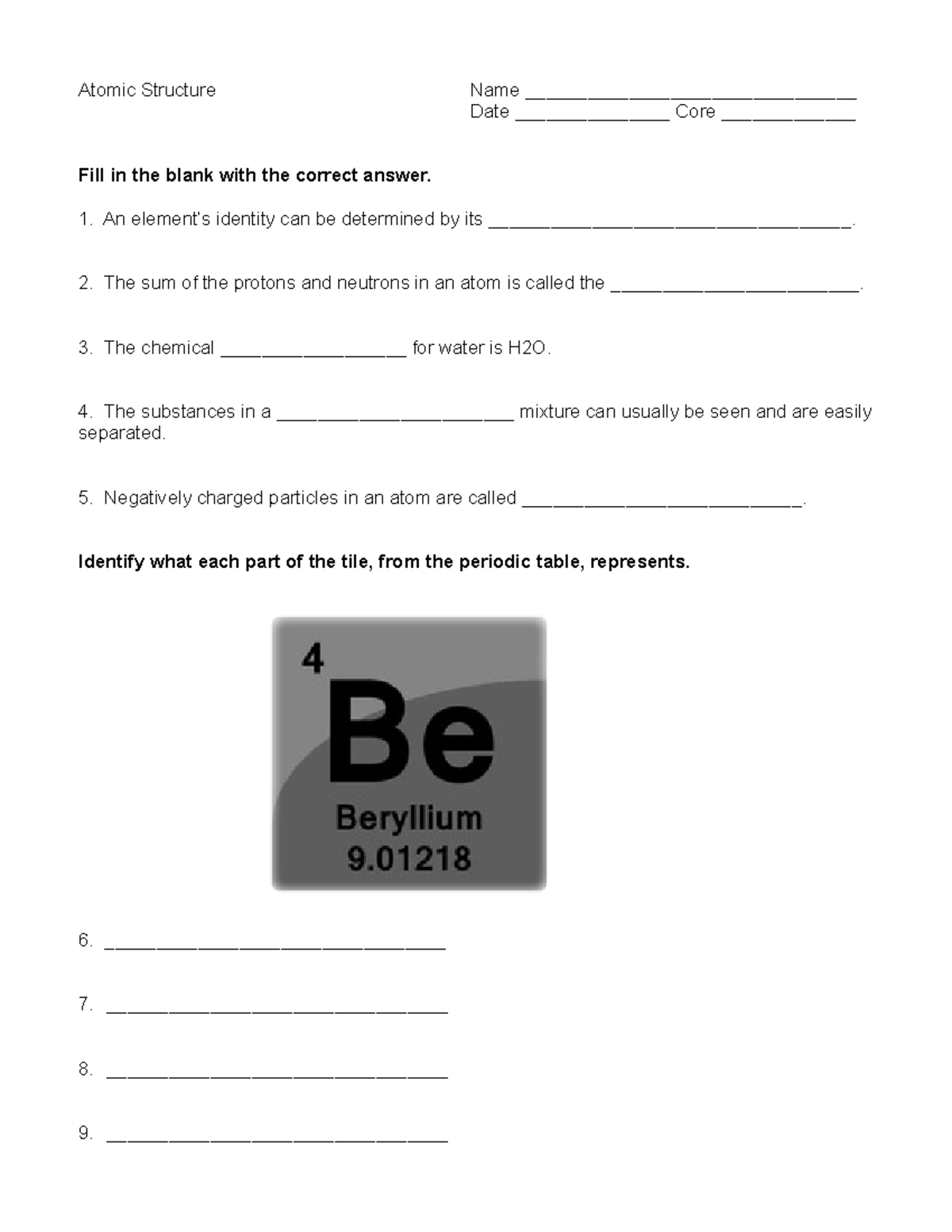 Atomic Structure Quiz Atomic Structure Name