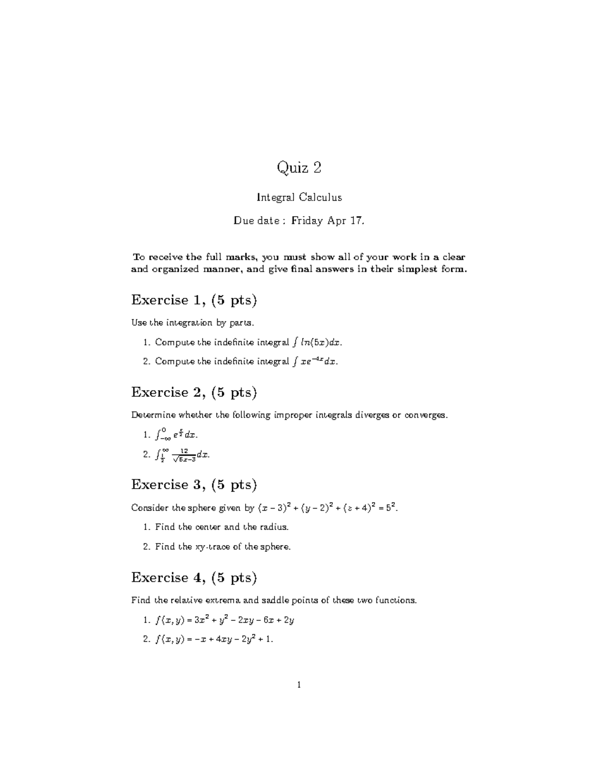 Final Quiz 2 - Quiz on calculus - Quiz 2 Integral Calculus Due date ...