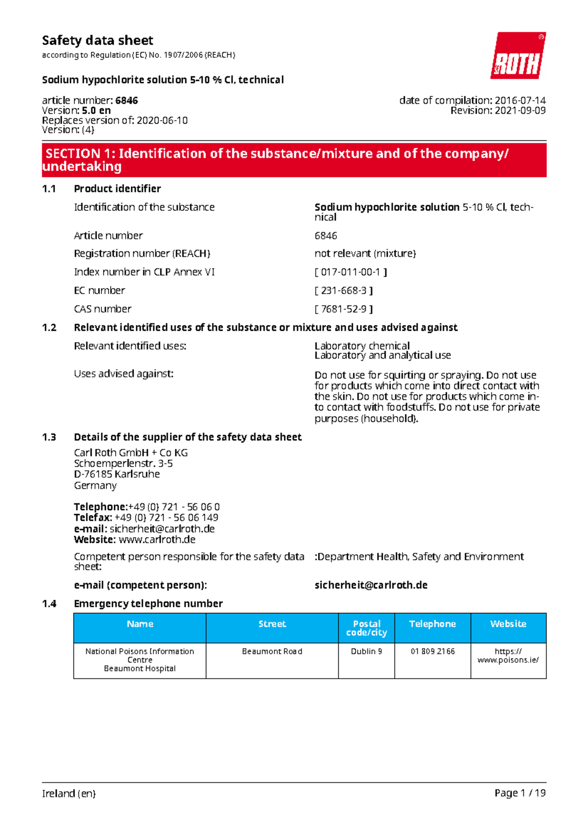 SDB 6846 IE EN - Sodium hypochlorite Safety Data Sheet - SECTION 1 ... SDB 6846 IE EN - Sodium hypochlorite Safety Data Sheet - SECTION 1 ...