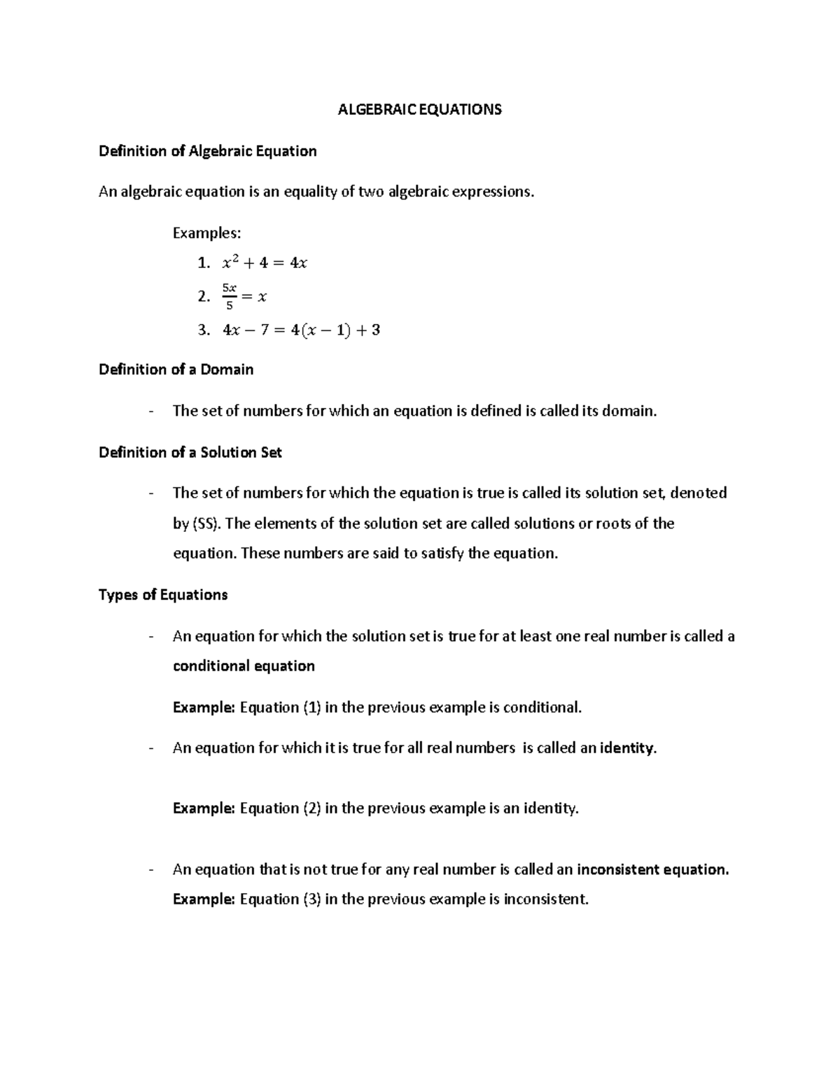 1 Algebraic Equations ALGEBRAIC EQUATIONS Definition Of Algebraic