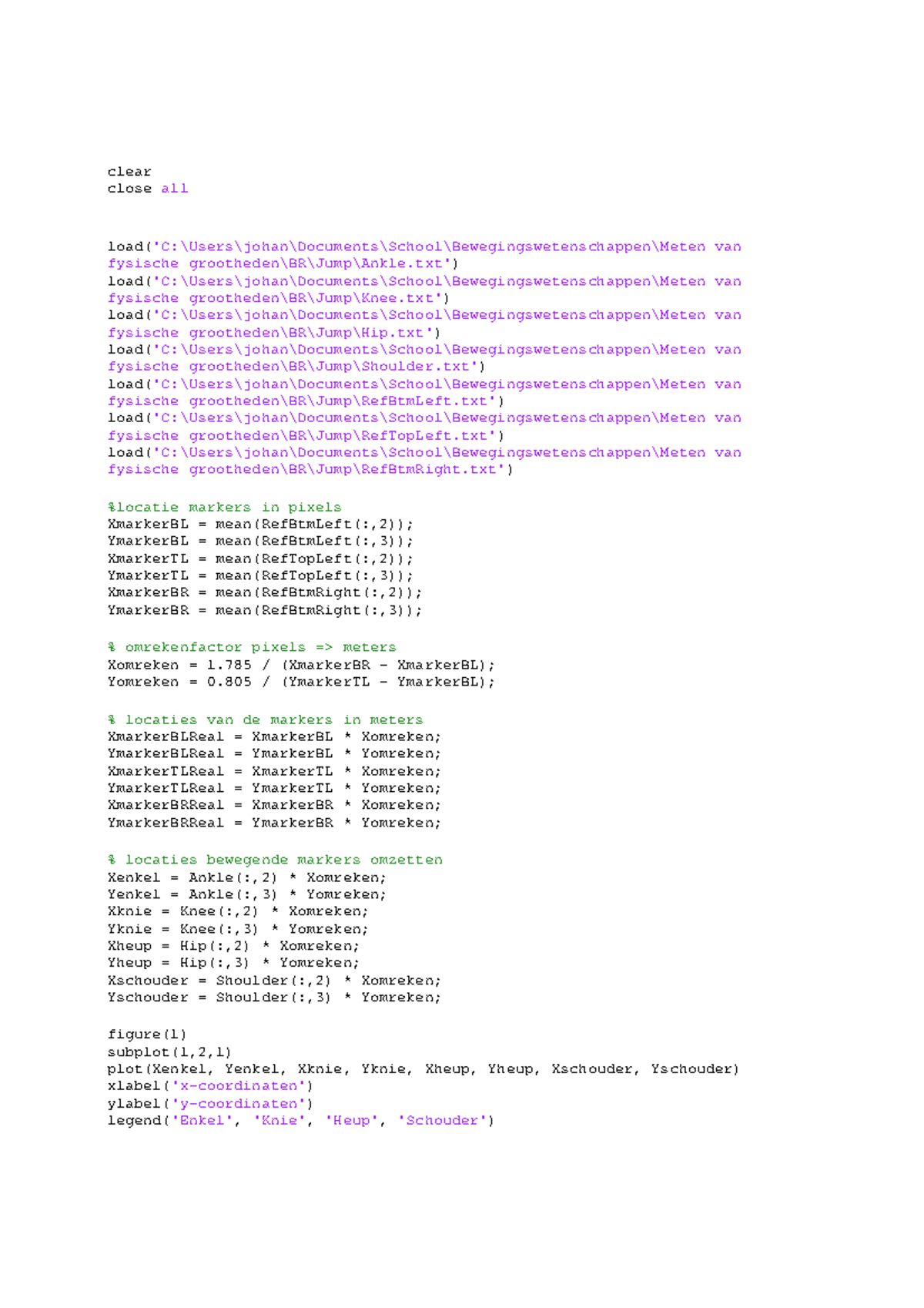 MATLAB uitwerkingen bewegingsregistratie: Jump - clear close all ...