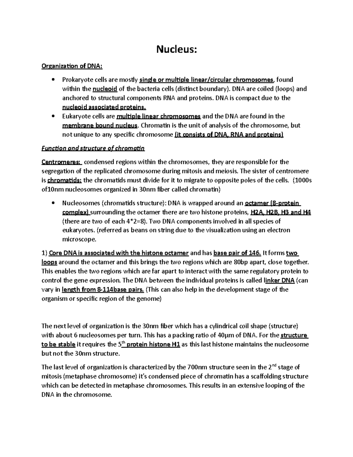 Nucleus notes - Nucleus: Organization of DNA: Prokaryote cells are ...