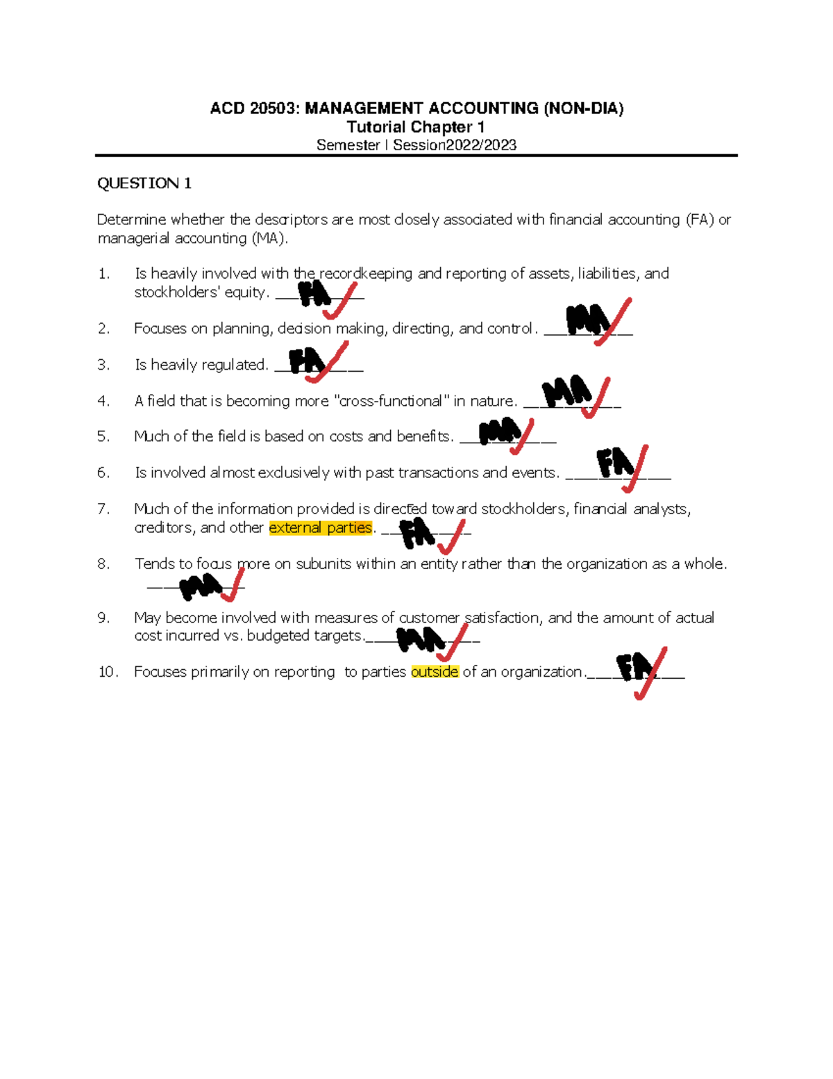 Tutorial Chapter 1 - ACD 20503: MANAGEMENT ACCOUNTING (NON-DIA) Tutorial Chapter 1 Semester I ...