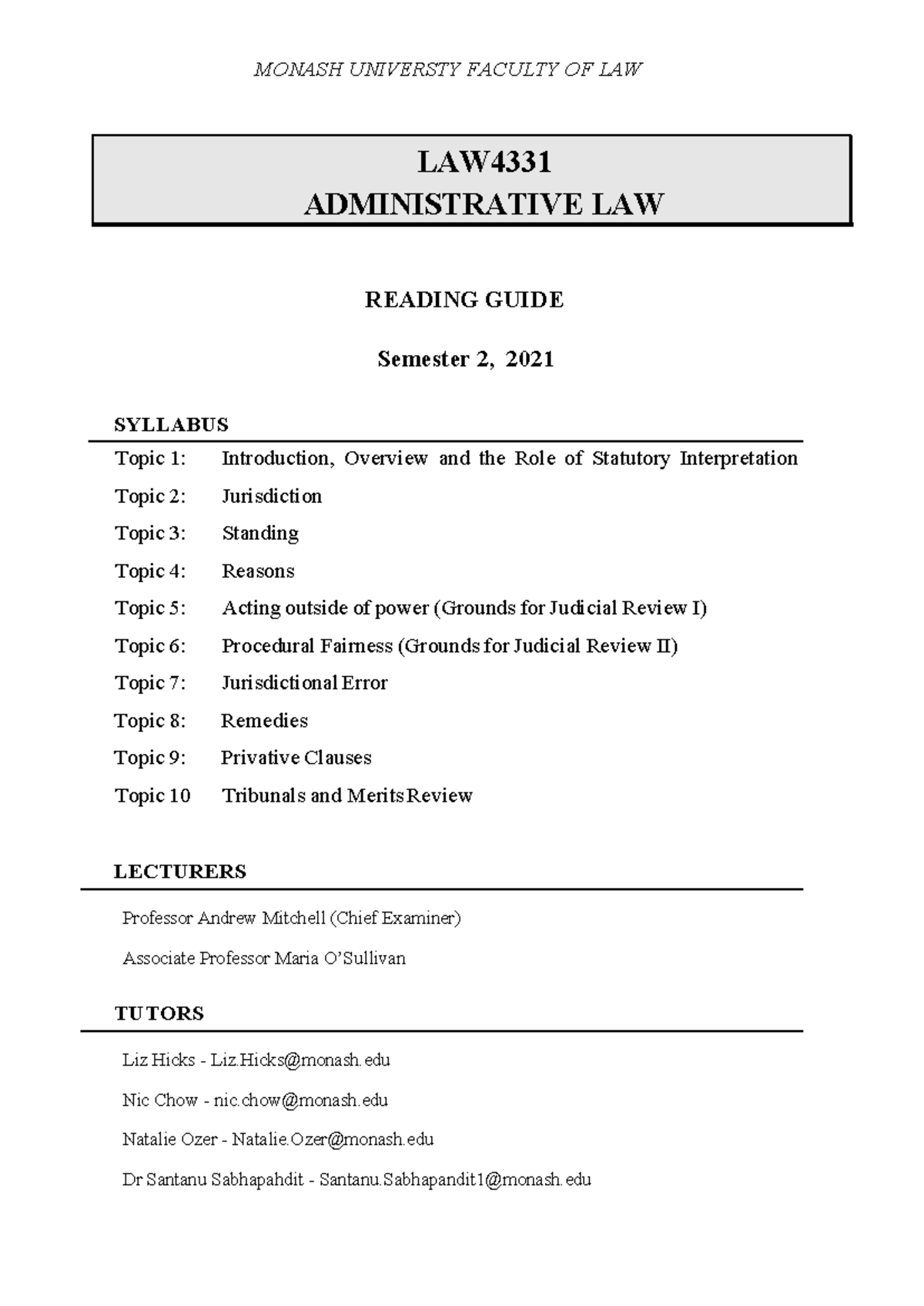 LAW4331 Administrative Law - Reading Guide S2 2021 - MONASH UNIVERSTY ...