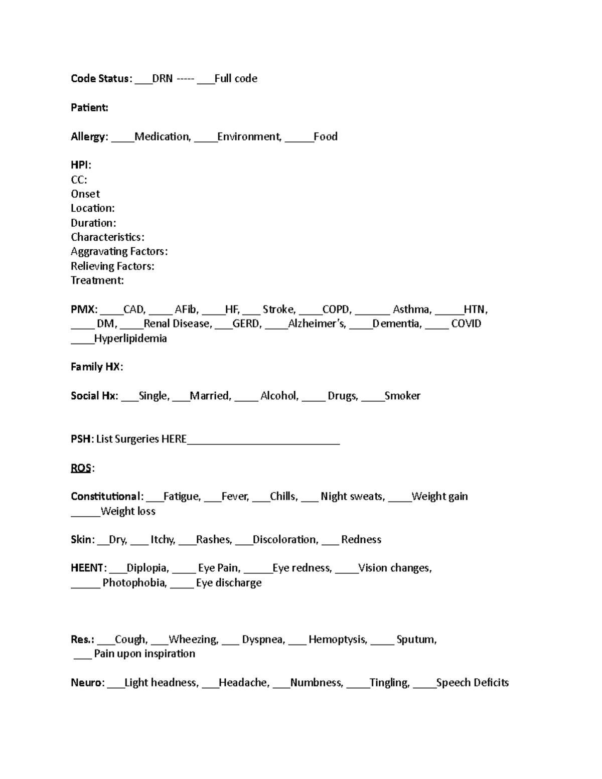 Assessment Template- clinical assessment- personal use - Code Status ...
