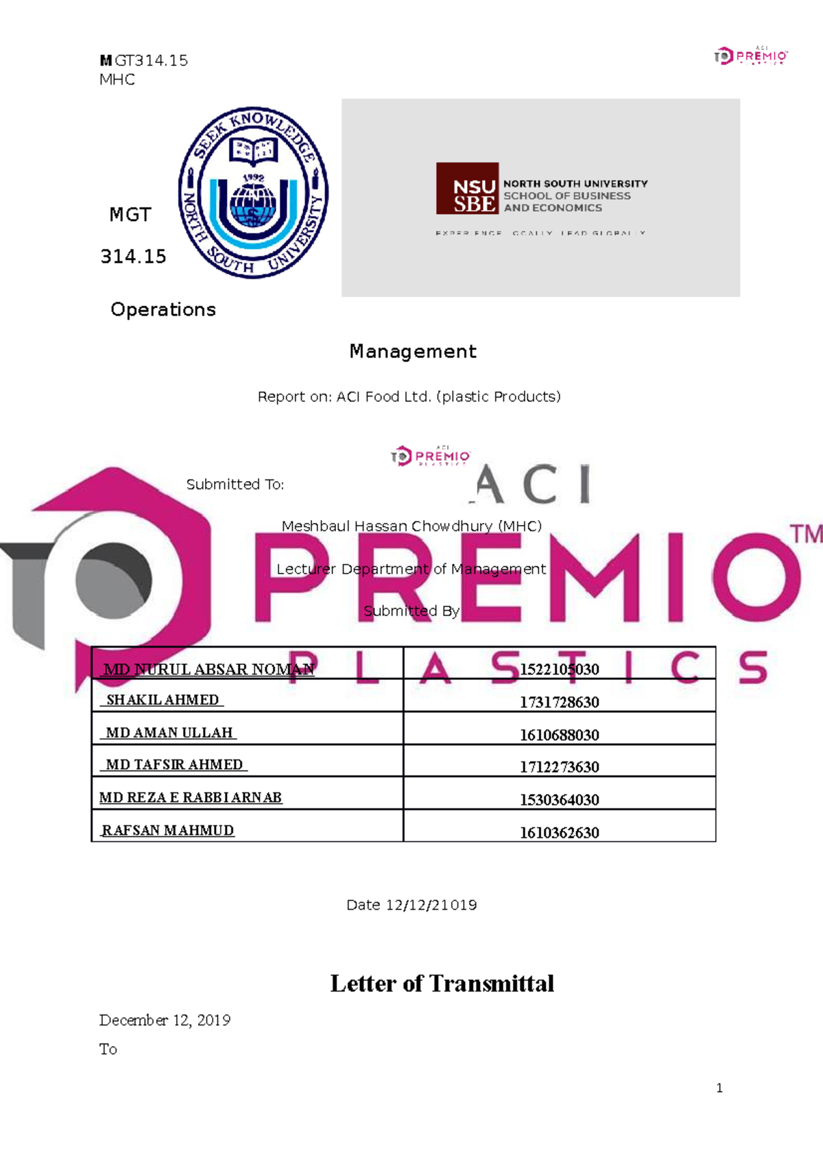 MGT 314 final report - MHC MGT 314. Operations Management Report on ...