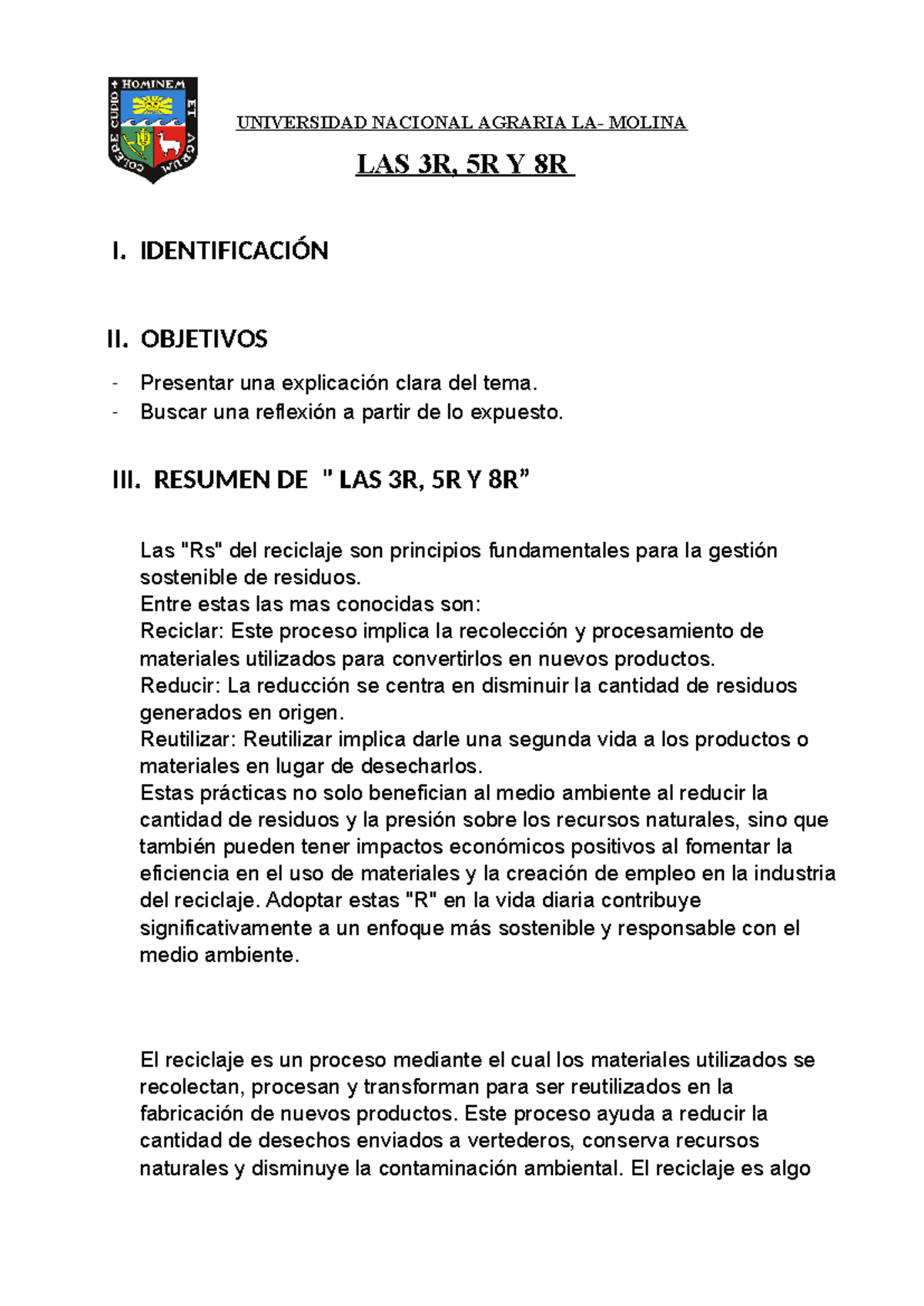 Resumen 3R, 5R Y 8R - 3R, 5R y 8R - UNIVERSIDAD NACIONAL AGRARIA LA ...