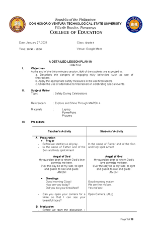 Tagalog Sample Lesson PLAN - Republic of the Philippines DON HONORIO ...